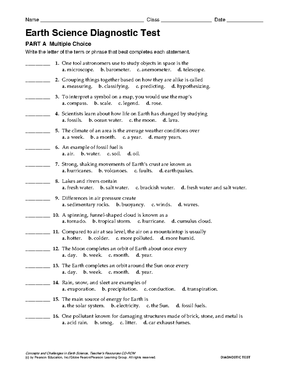 ES 101 Earth Science Diagnostic Test: Multiple Choice & Written ...