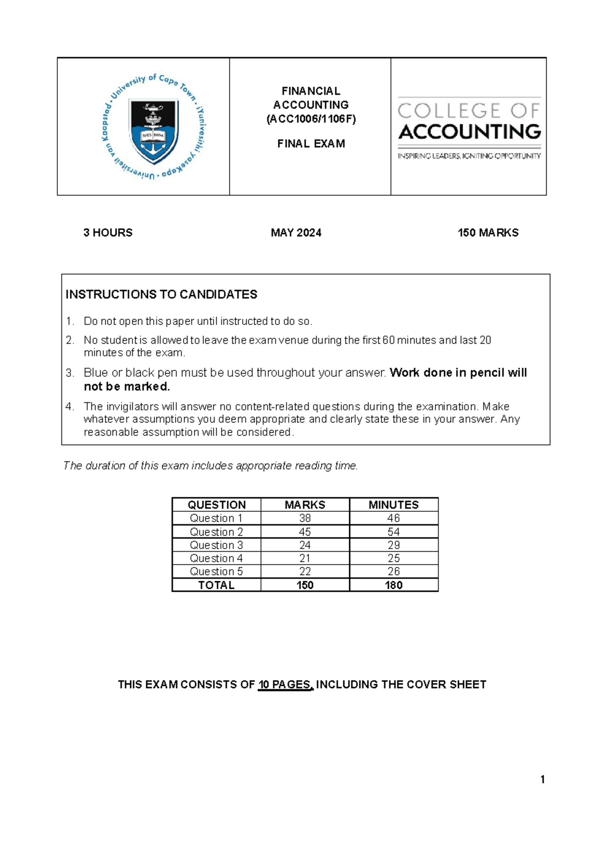 ACC1006 FINANCIAL ACCOUNTING FINAL EXAM MAY 2024 - 150 MARKS - Studocu