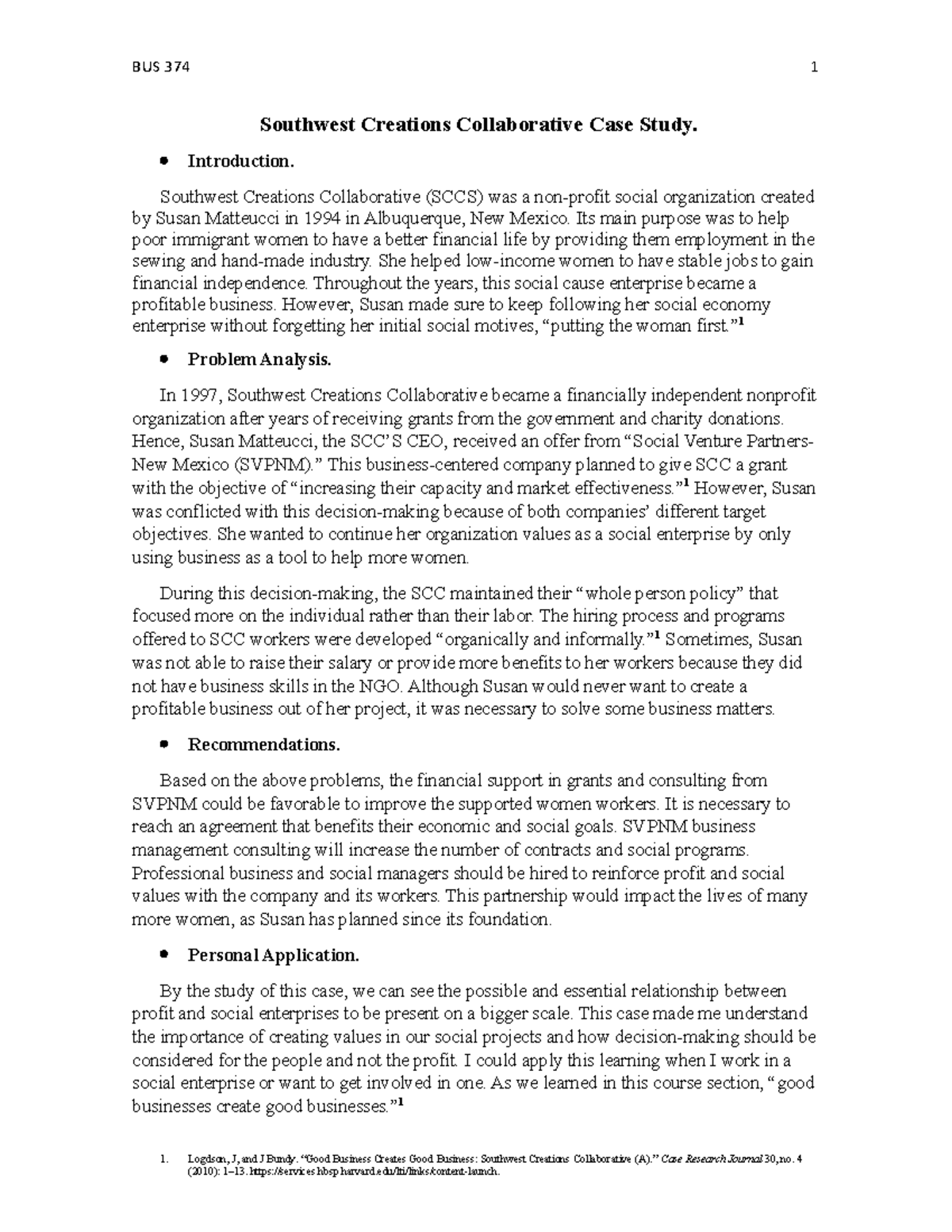 W03 Case Analysis - BUS 374 1 Southwest Creations Collaborative Case ...