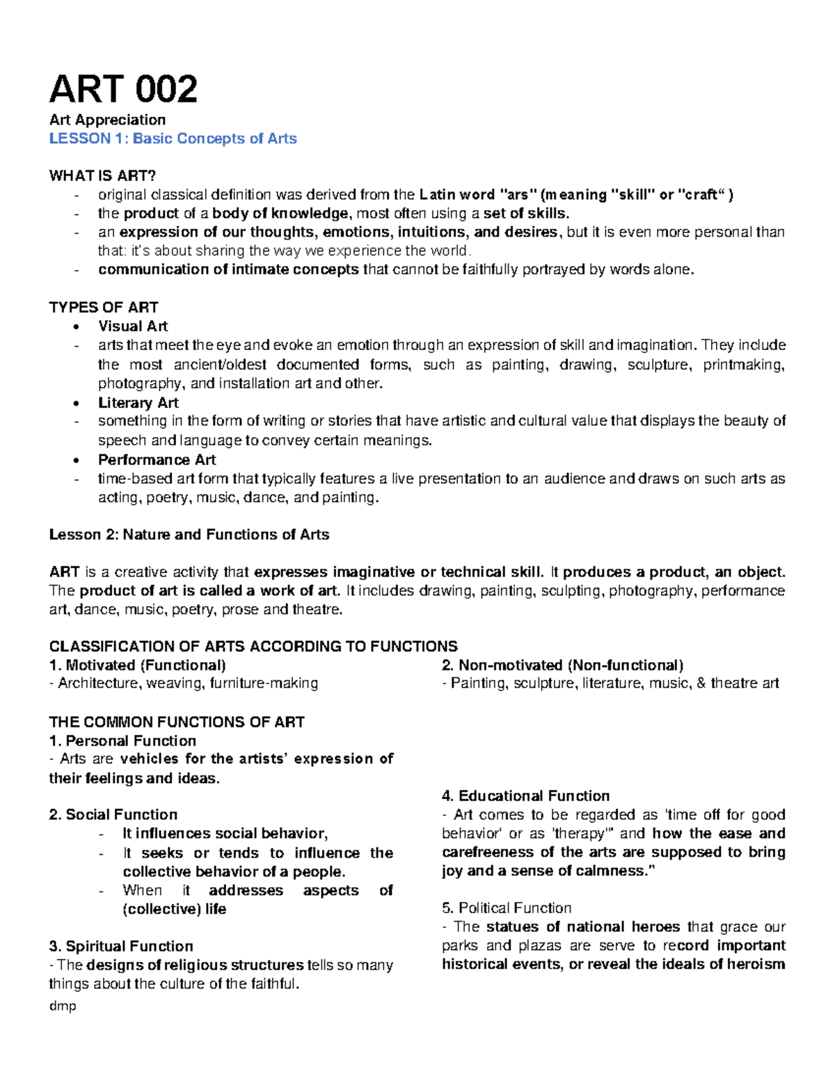 ART 002 Art Appreciation: Lesson 1-6 Overview and Key Concepts - Studocu