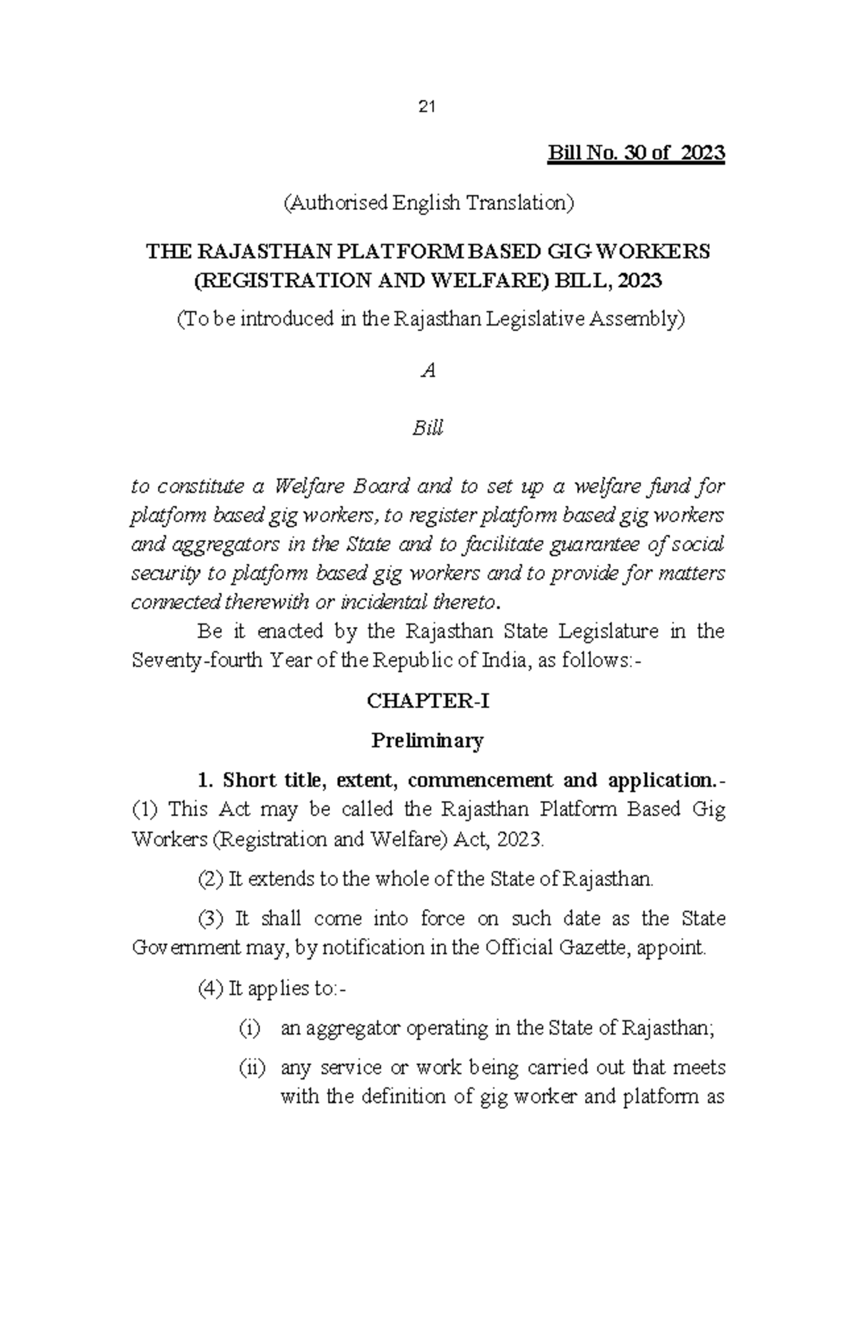 Rajasthan Platform Based Gig Workers (Registration & Welfare) Bill 2023 - Studocu