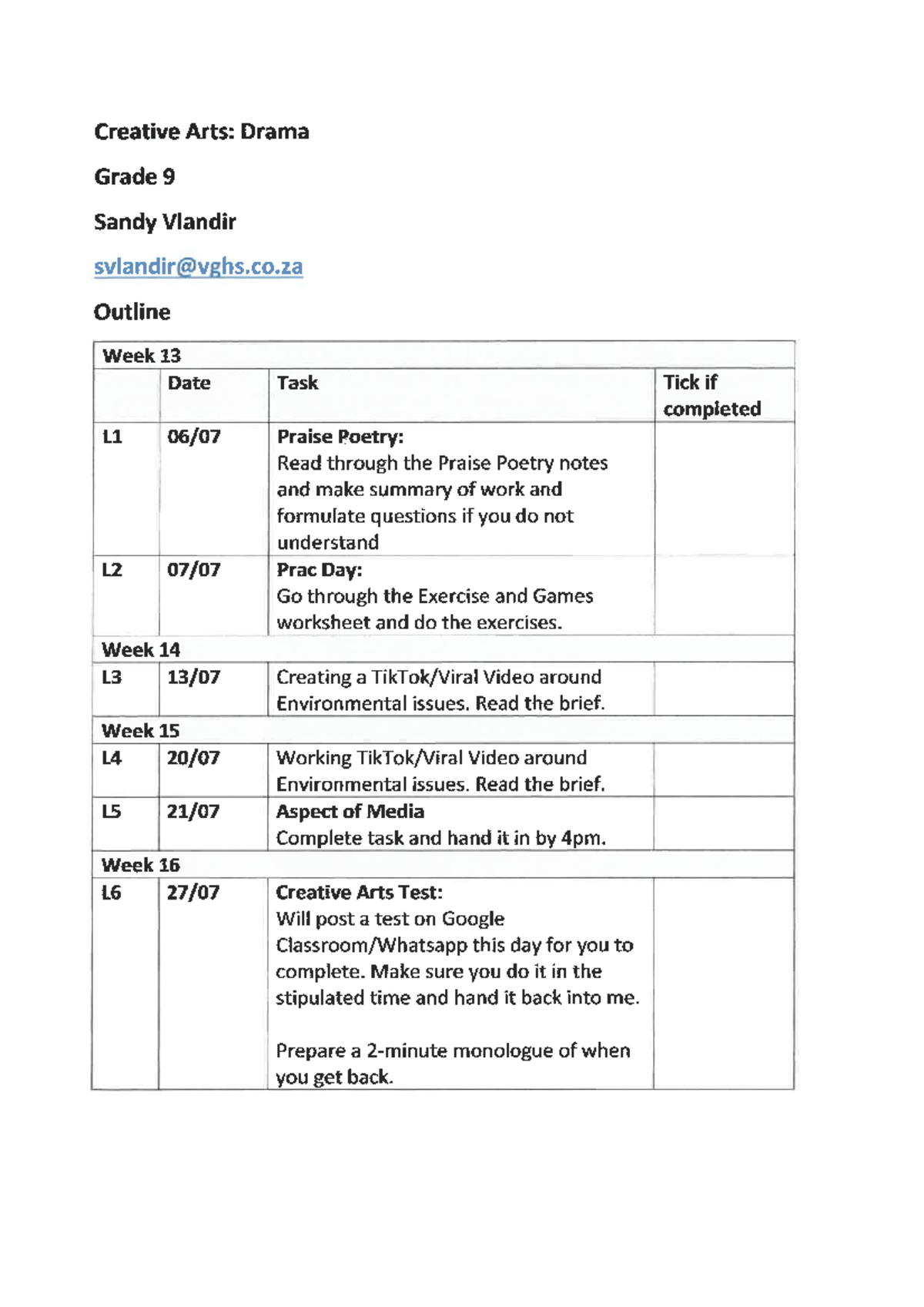 Grade 9 Creative Arts Drama Ms Vlandir Week 13 16 - Creative Arts ...