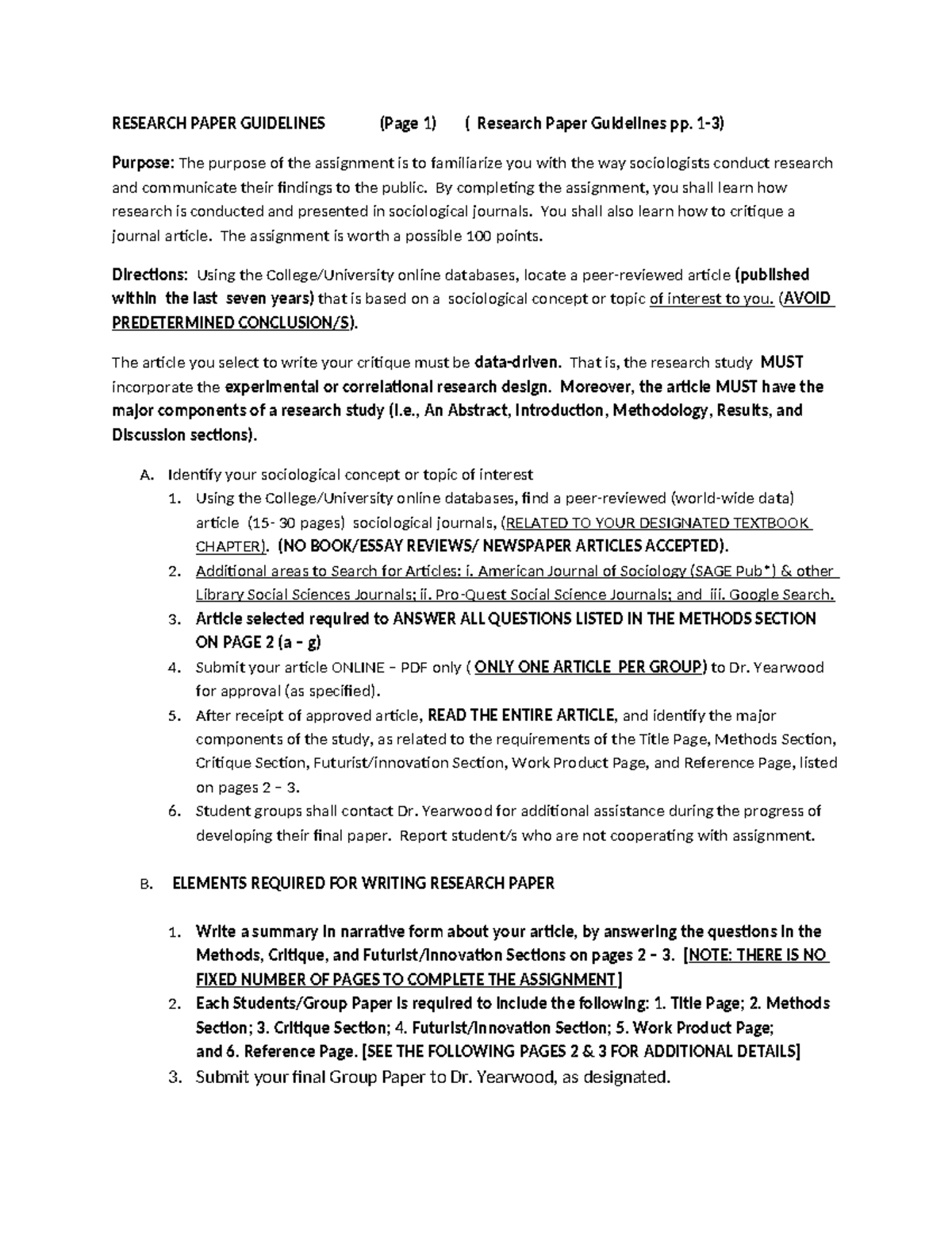 Research Paper Guidelines for SOC 101 - Dr. Yearwood - Studocu
