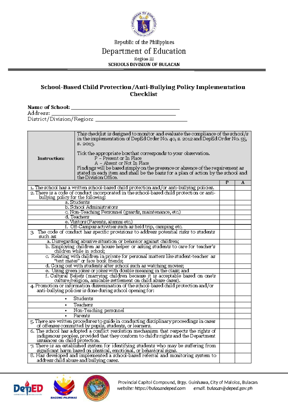 Child Policy Implementation Checklist - DepEd Orders Compliance - Studocu