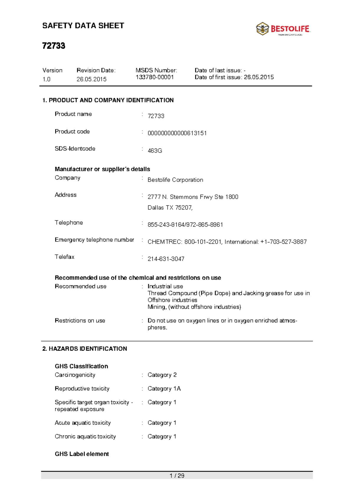 Bestolife 72733 - Safety Data Sheet (SDS) Overview - Studocu