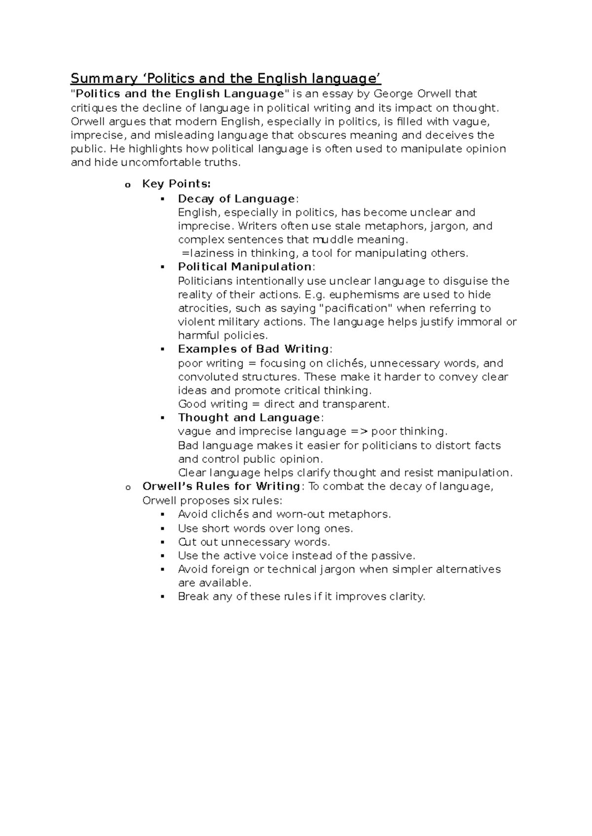 ENG 101: Summary of George Orwell's "Politics and the English Language ...
