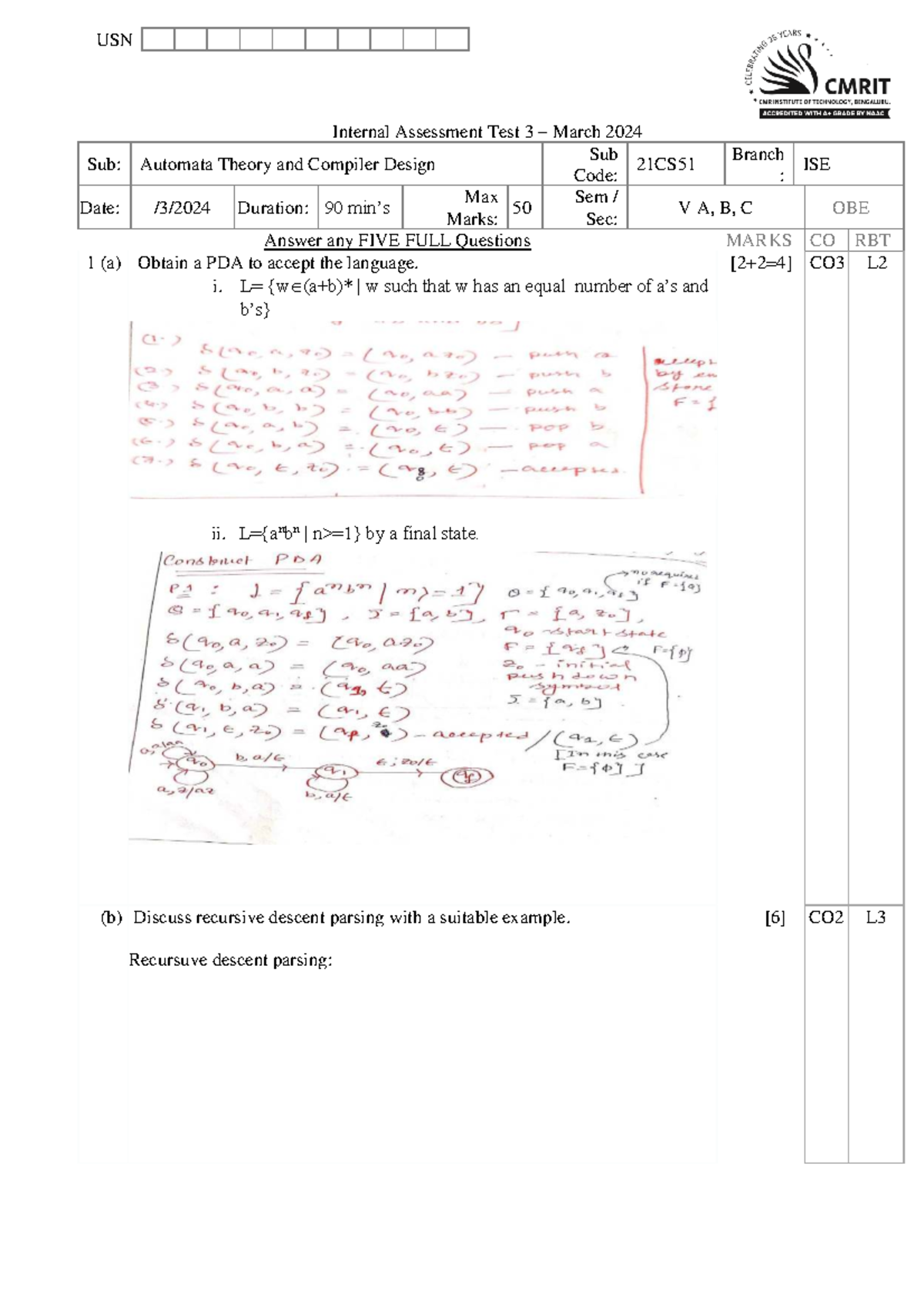 IAT-III Question Paper & Solutions for 21CS51 Automata Theory - Studocu