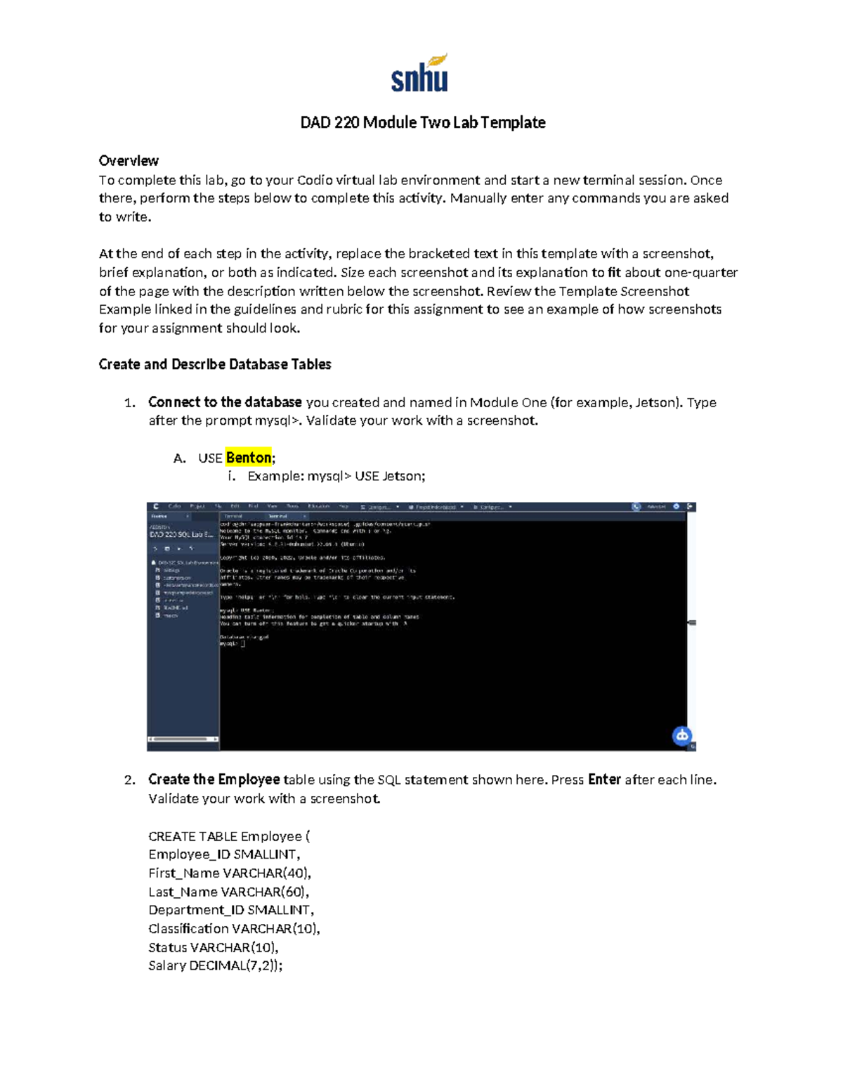 DAD 220 Module Two Lab: Creating and Describing Database Tables - Studocu
