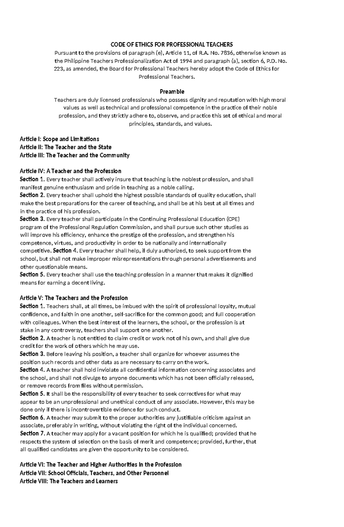 Code of Ethics for Professional Teachers - CODE OF ETHICS FOR ...