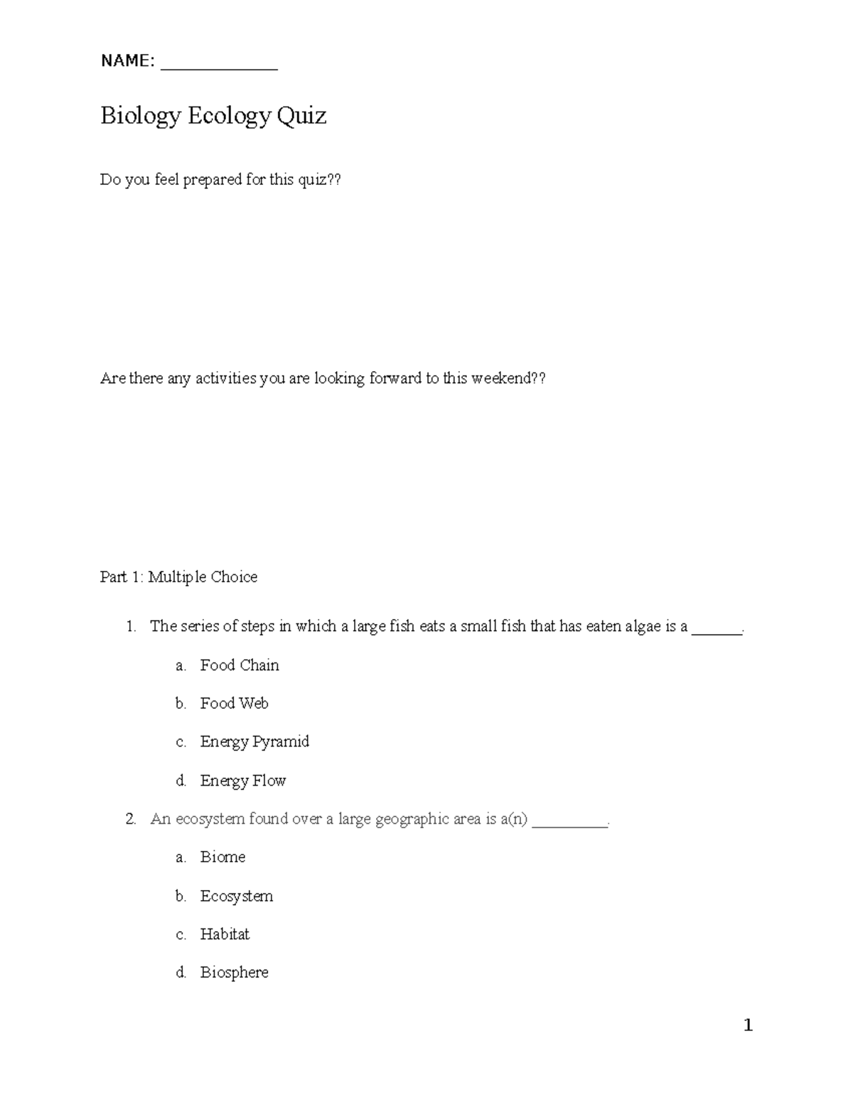 Biology Ecology Quiz: Prepare for Your Assessment! - NAME ...