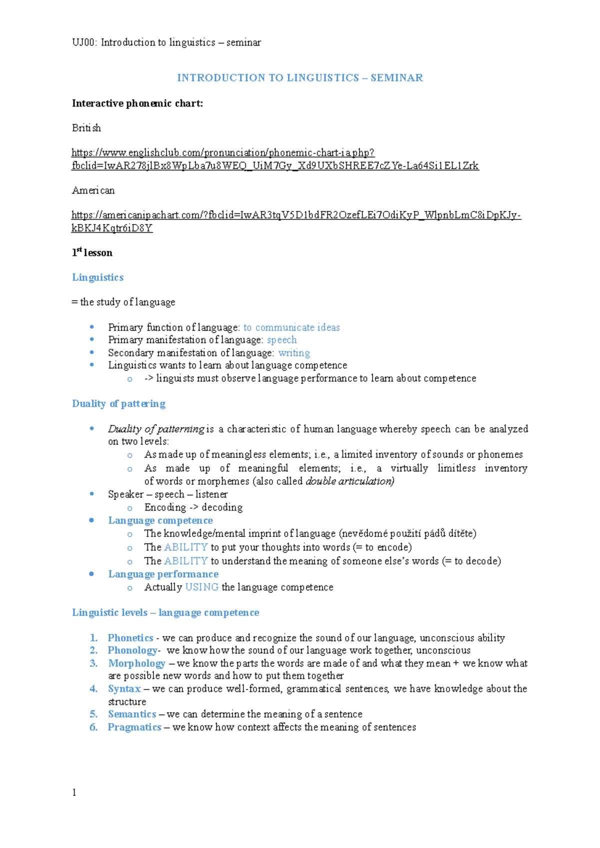 UJ00: Intro to Linguistics Seminar Notes on Phonetics and Morphology ...