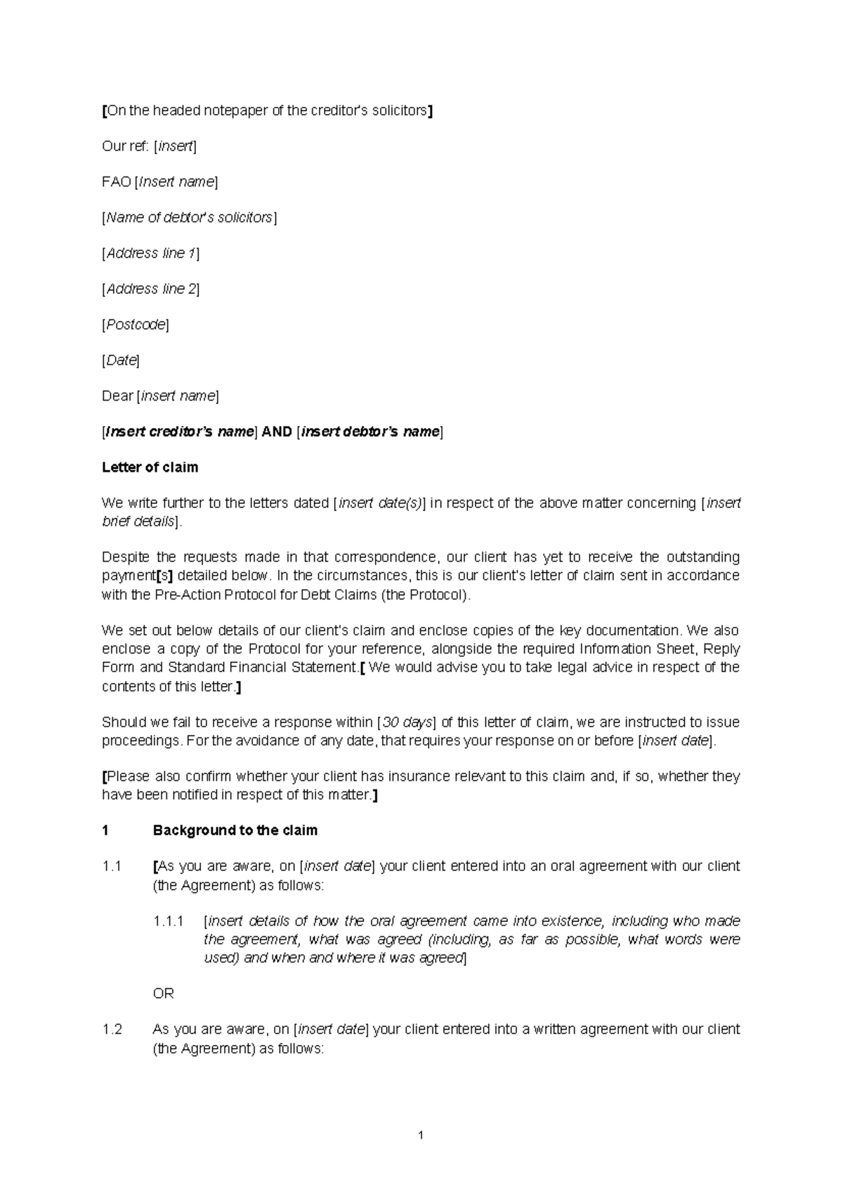 Letter of Claim for Contractual Debt - Compliance with Protocol - Studocu