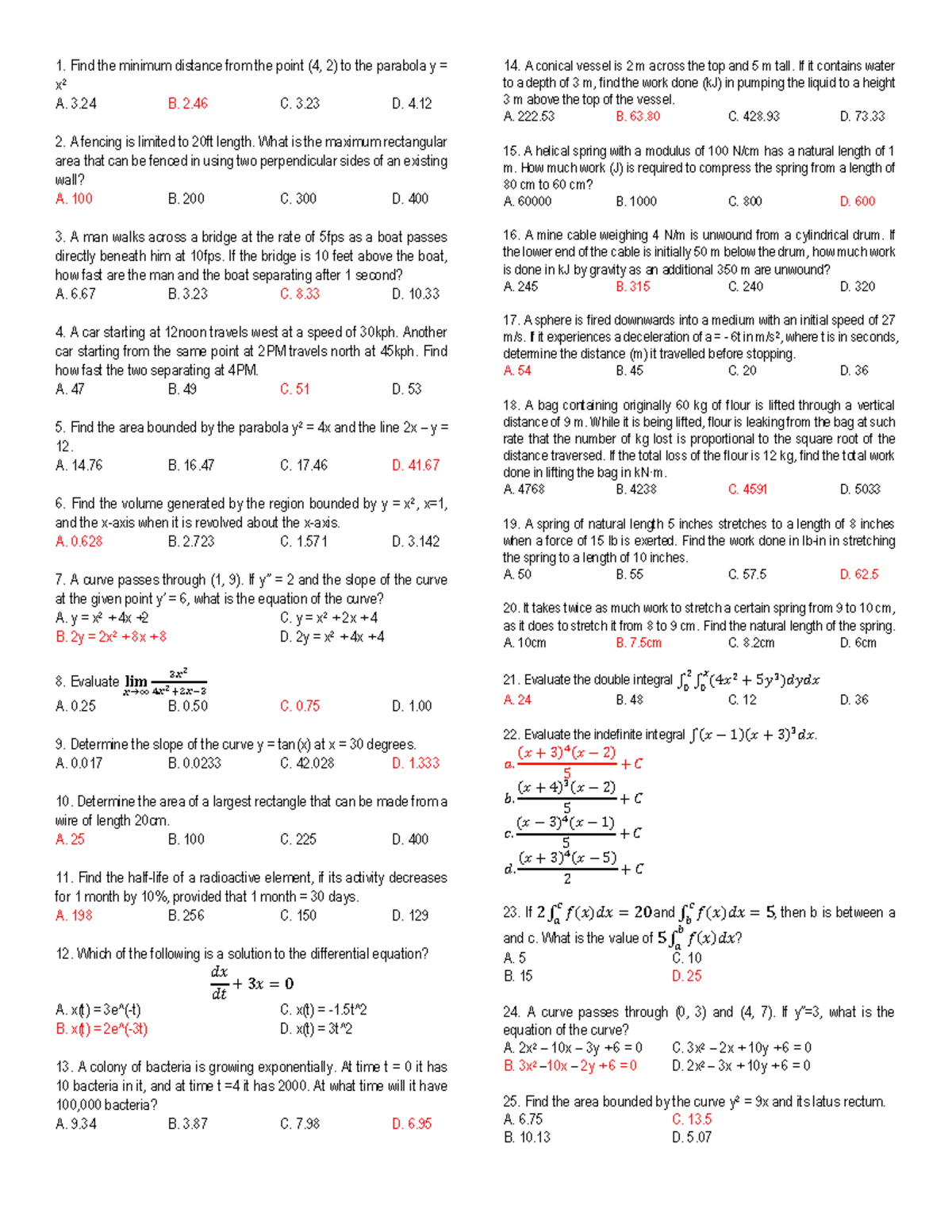 Calculus - Problem Set on Optimization and Distances - Studocu