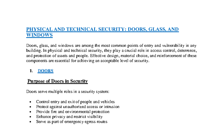 PHYSICAL SECURITY: DOORS, GLASS, AND WINDOWS OVERVIEW - Studocu