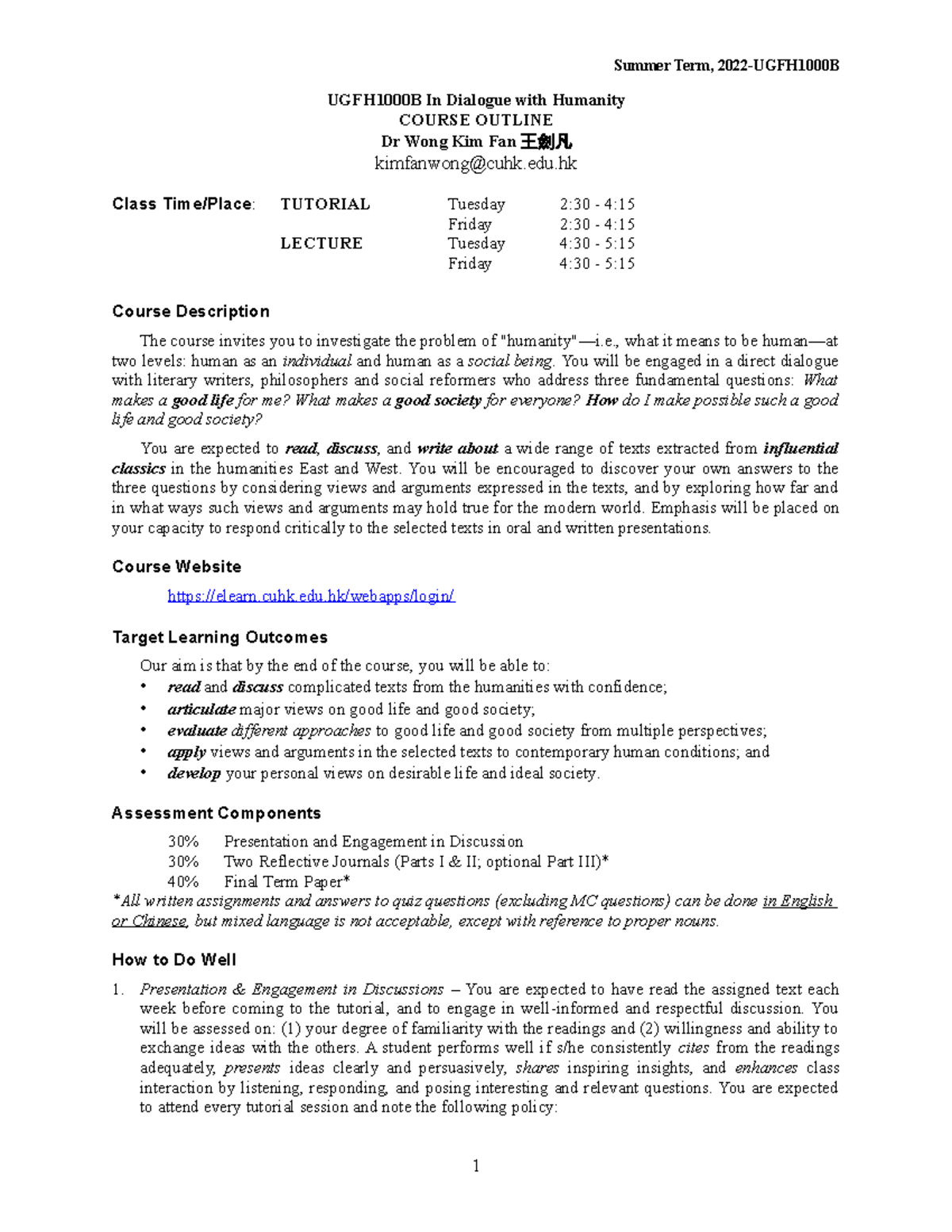 UGFH1000B Course Outline: In Dialogue with Humanity (Summer 2022) - Studocu