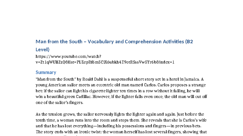 Man from the South B2 Activities & Key Vocabulary Summary - Studocu