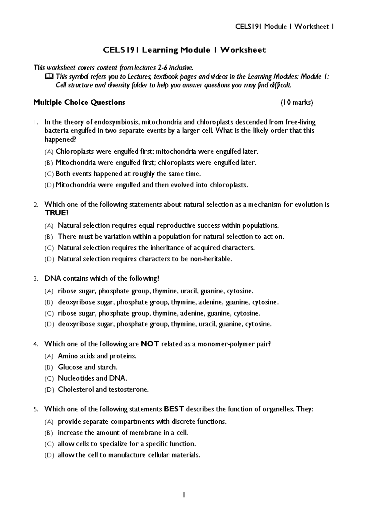 CELS191 Module 1 Worksheet - Questions & Answers Guide 2023 - Studocu