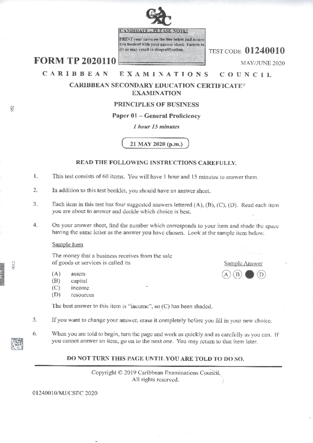 POB P1 FINAL EXAM MAY/JUNE 2020 - Test Instructions and Sample Items ...
