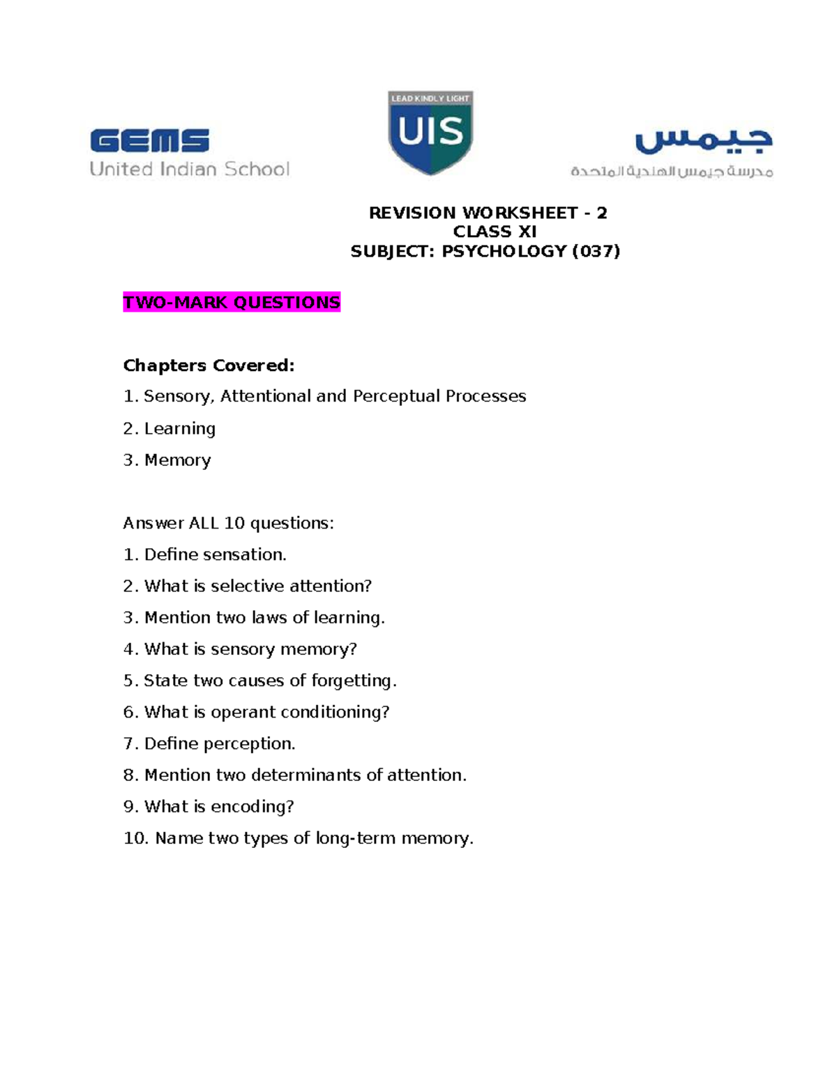 22nd jan PSY Revision Worksheet 4 - REVISION WORKSHEET - 2 CLASS XI ...