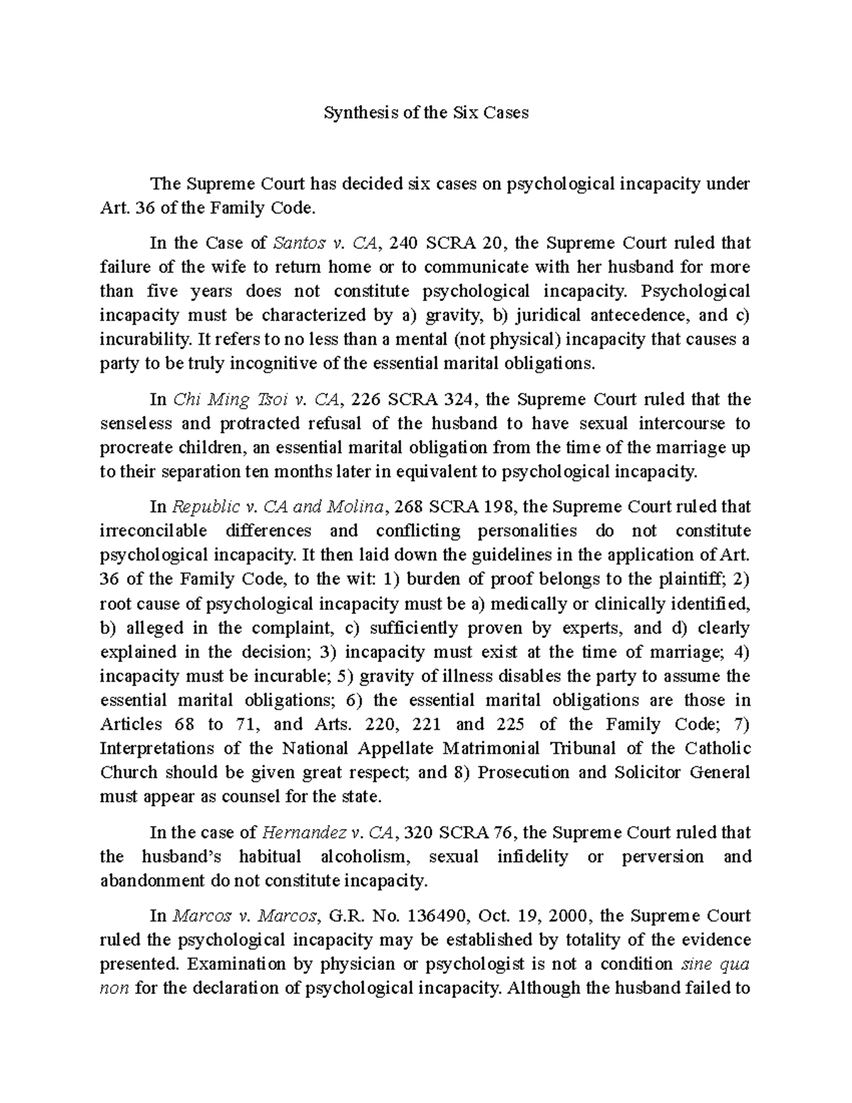 Synthesis of Six Supreme Court Cases on Psychological Incapacity - Studocu