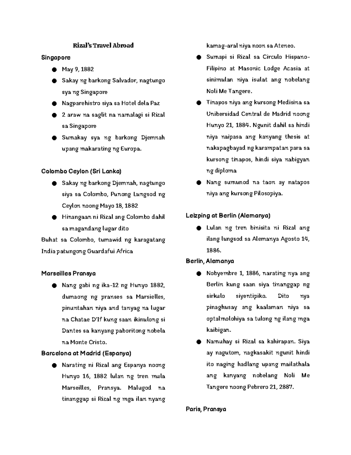 Rizal's European Travel (1882-1896): Key Events and Highlights - Studocu