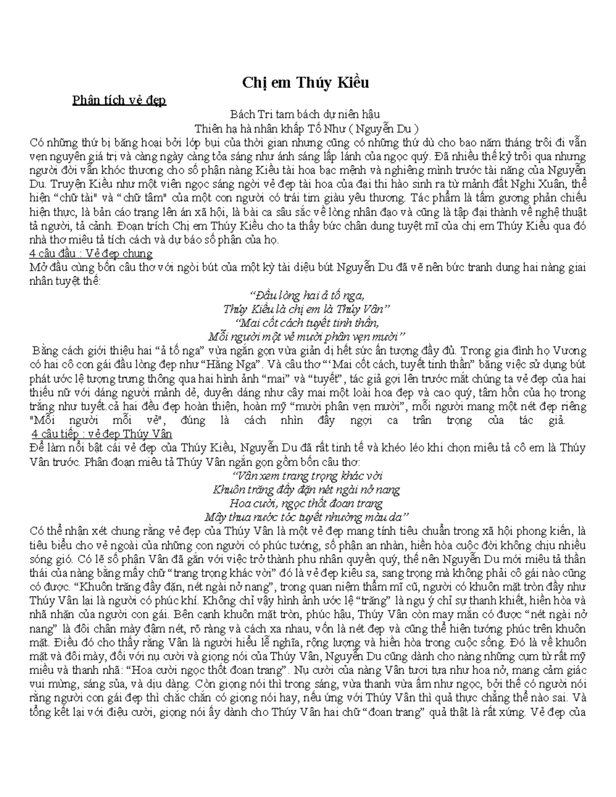 Phân tích vẻ đẹp Chị em Thúy Kiều trong Truyện Kiều (Nguyễn Du) - Studocu
