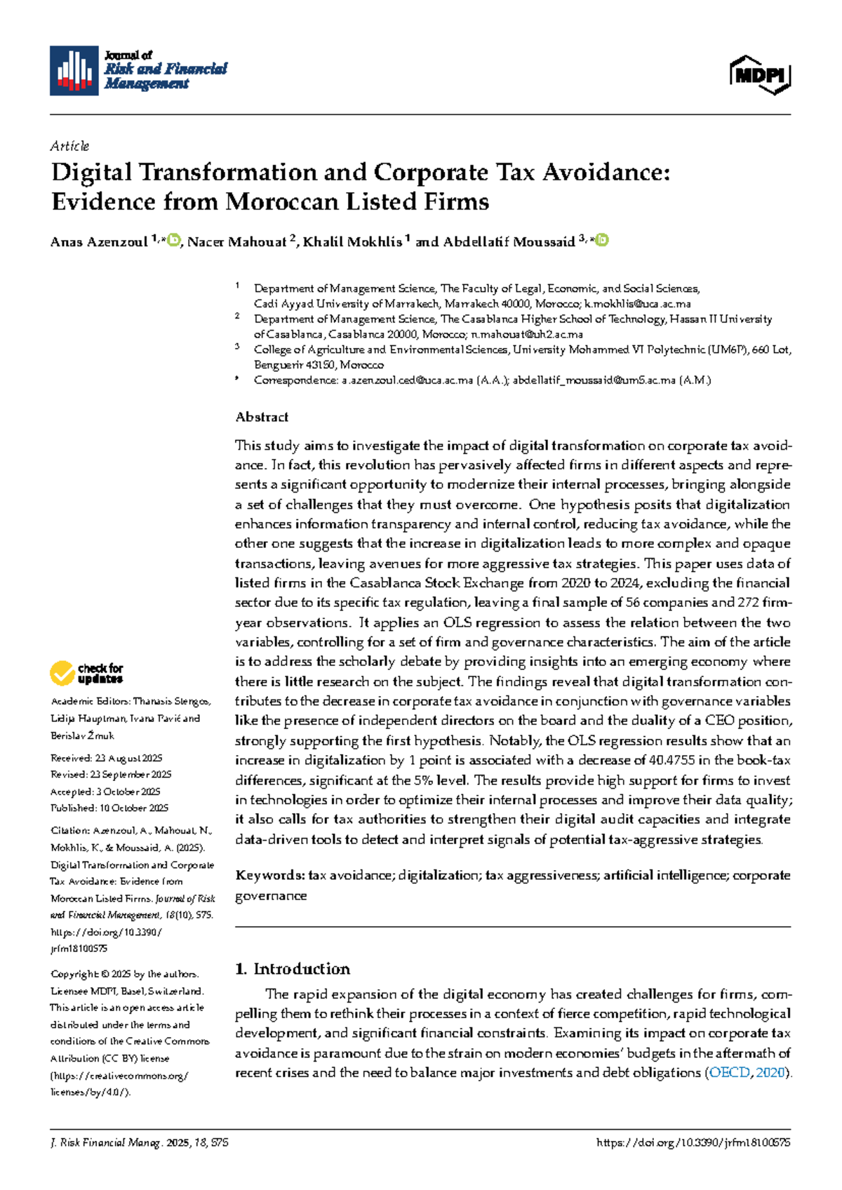 Digital Transformation & Tax Avoidance in Moroccan Firms: Evidence from ...