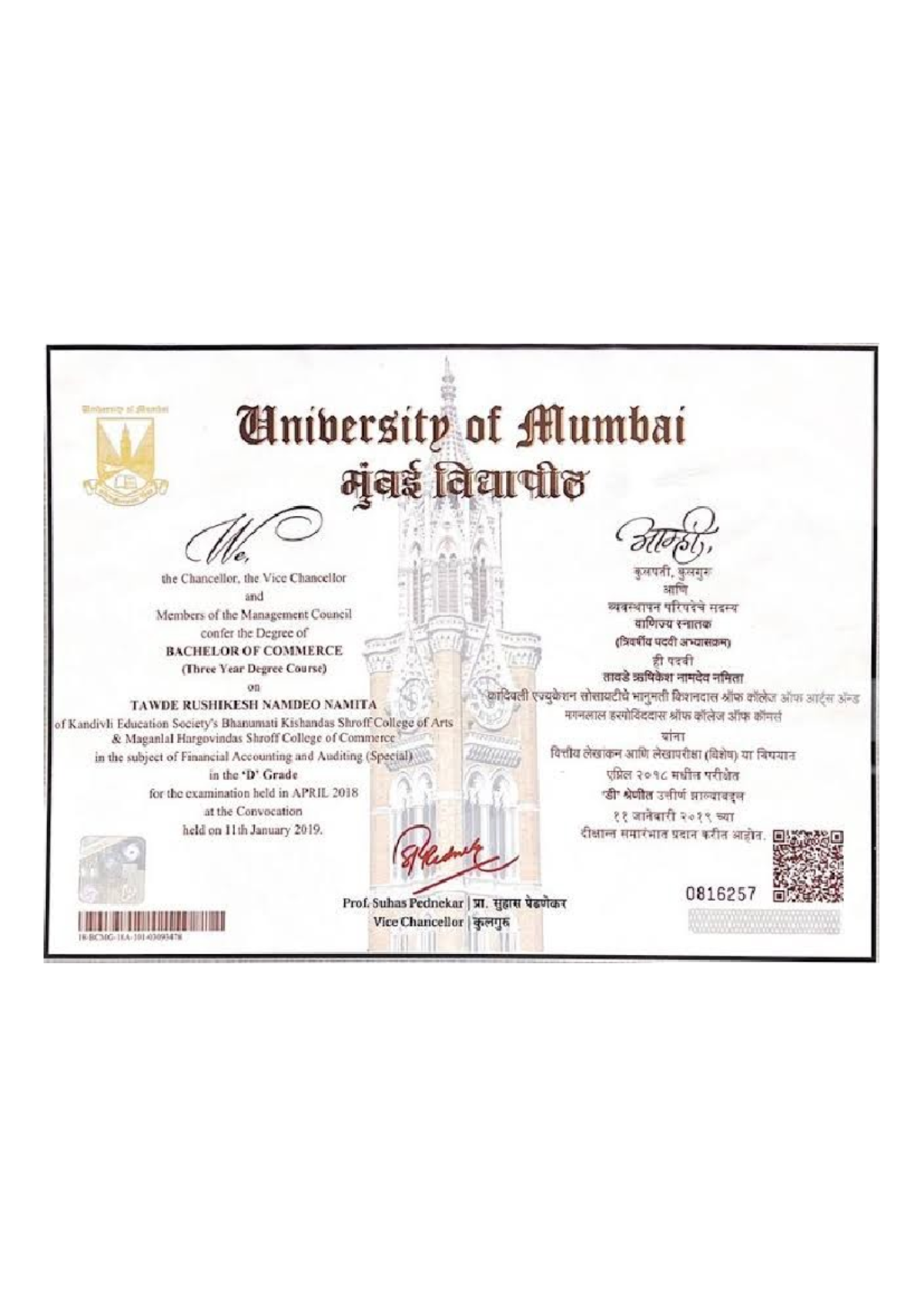 Bachelor of Commerce Degree Certificate - University of Mumbai - Studocu