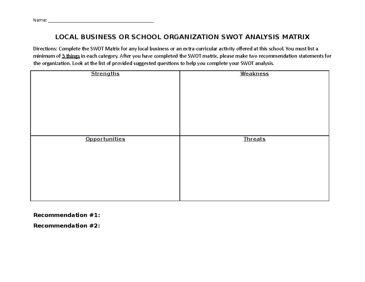 Local Business SWOT Analysis Activity: Matrix & Recommendations - Studocu