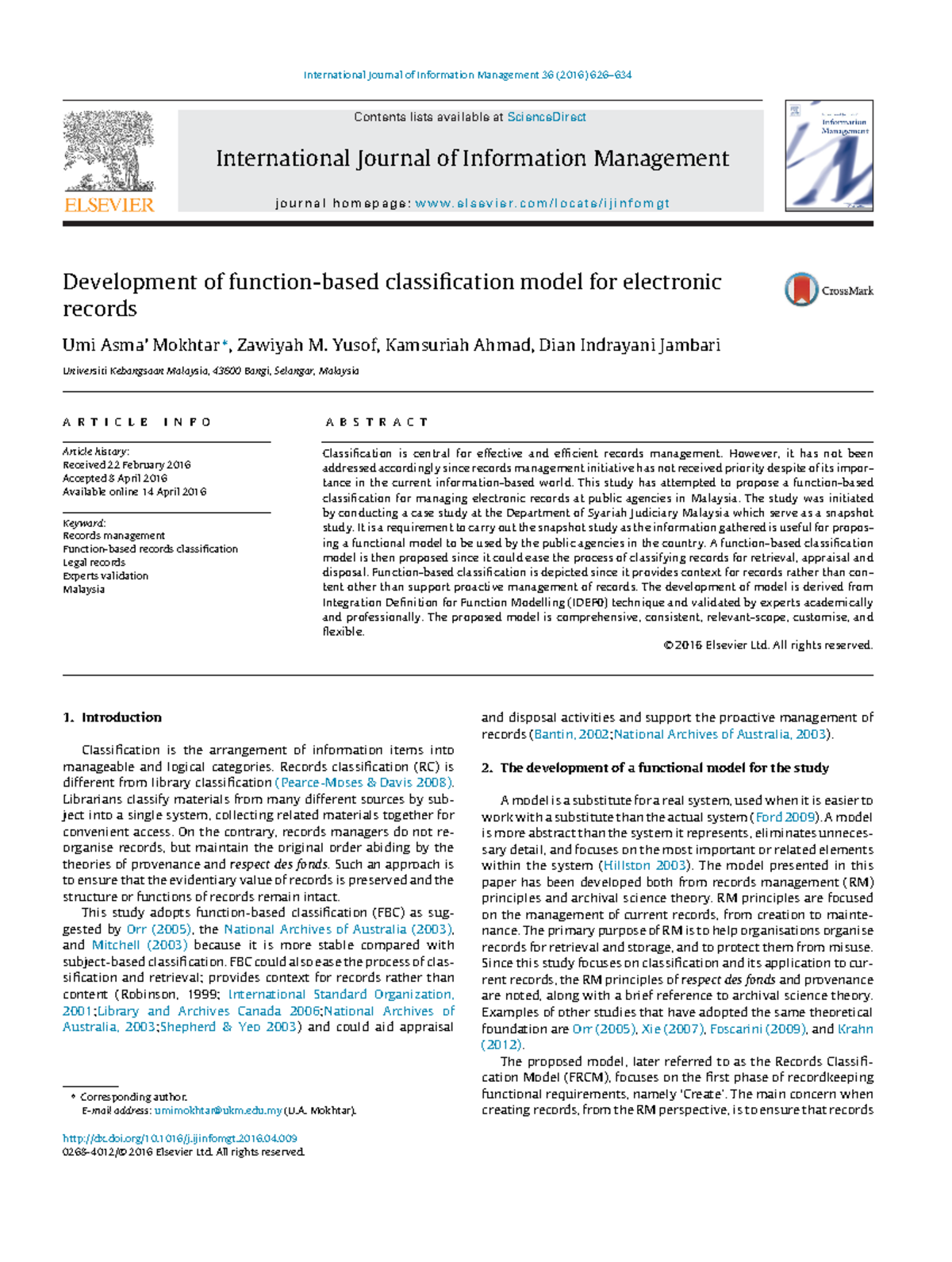 Development Of Function Based Classification Model For Electronic