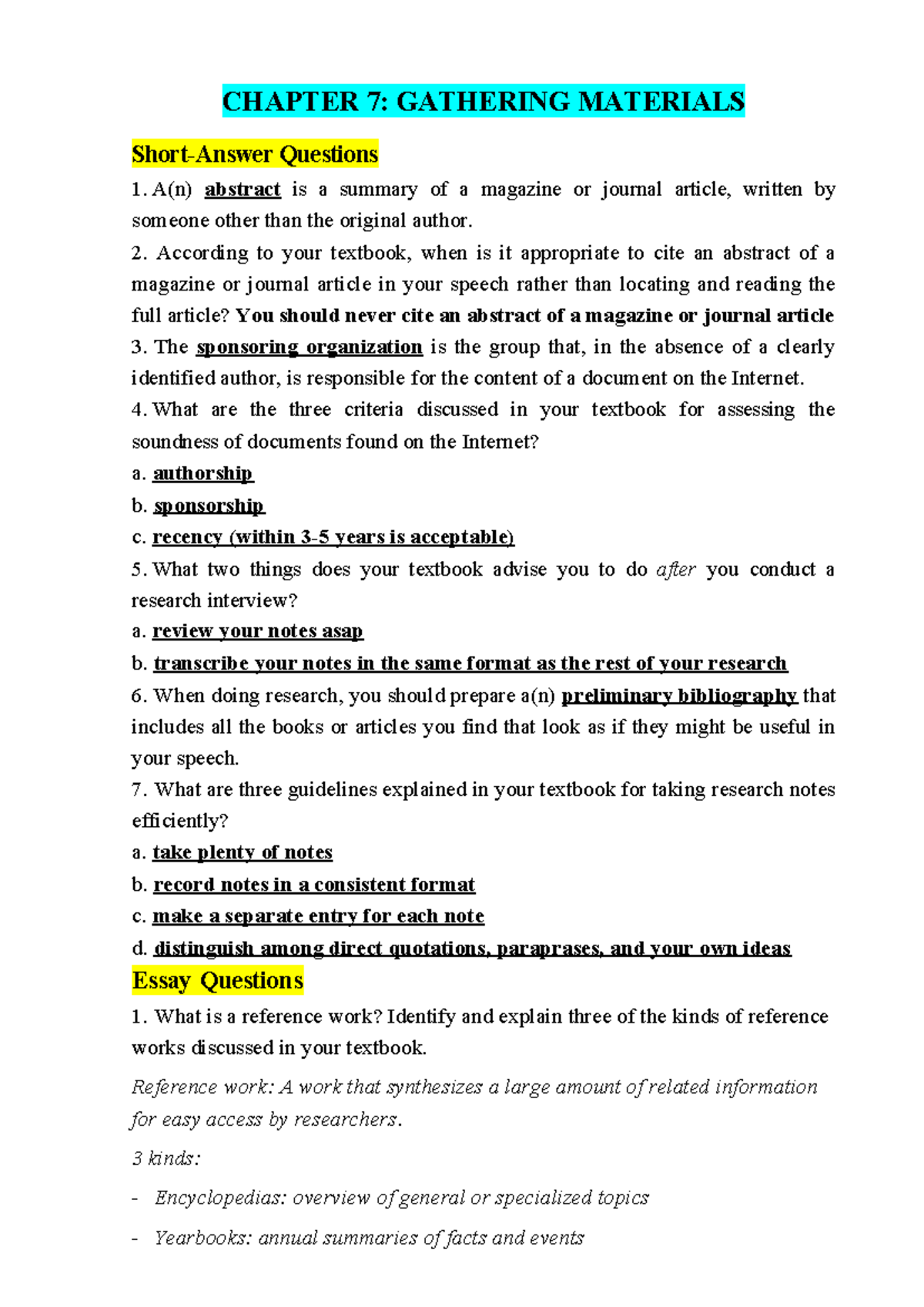CHAPTER 7: GATHERING MATERIALS - Study Questions & Exercises - Studocu