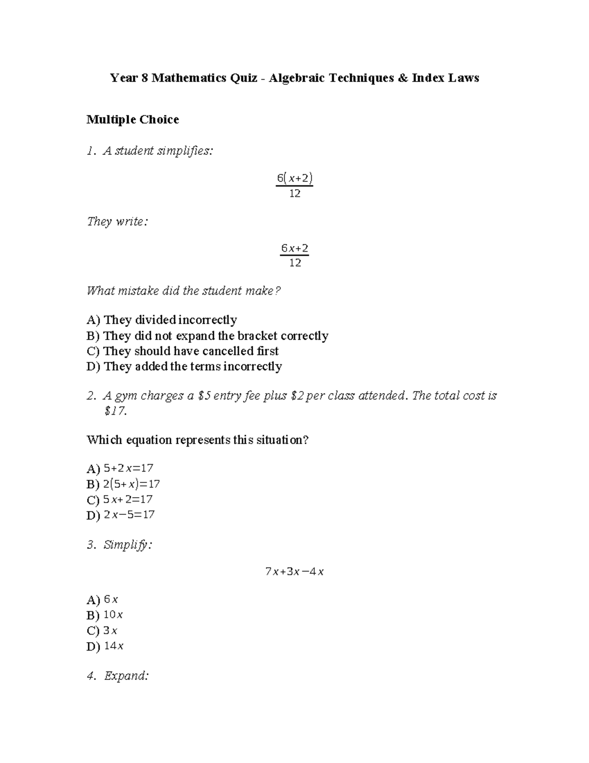 Year 8 Mathematics Quiz: Algebraic Techniques & Index Laws - Studocu