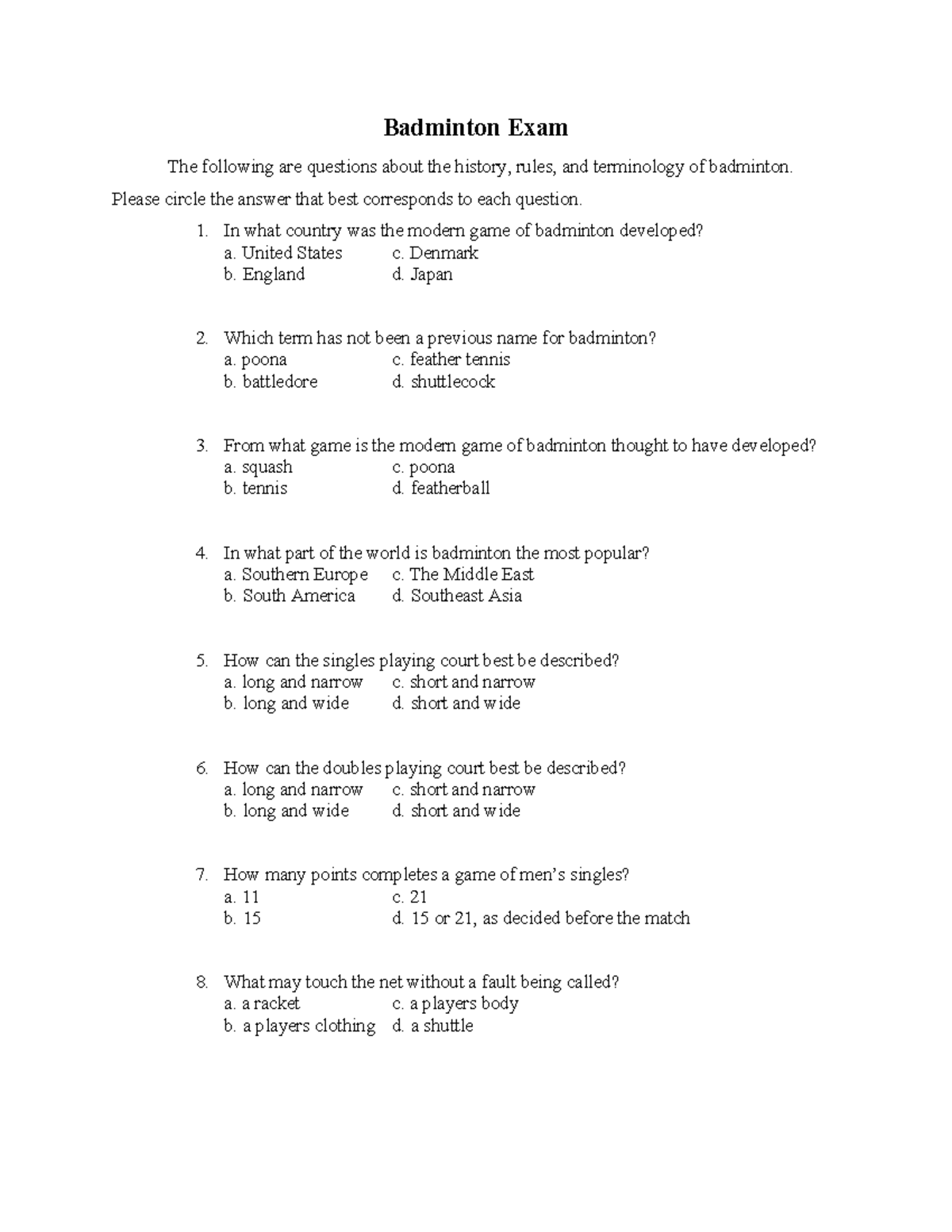 ESS 206 Badminton Unit Plan Written Test Questions and Answers - Studocu