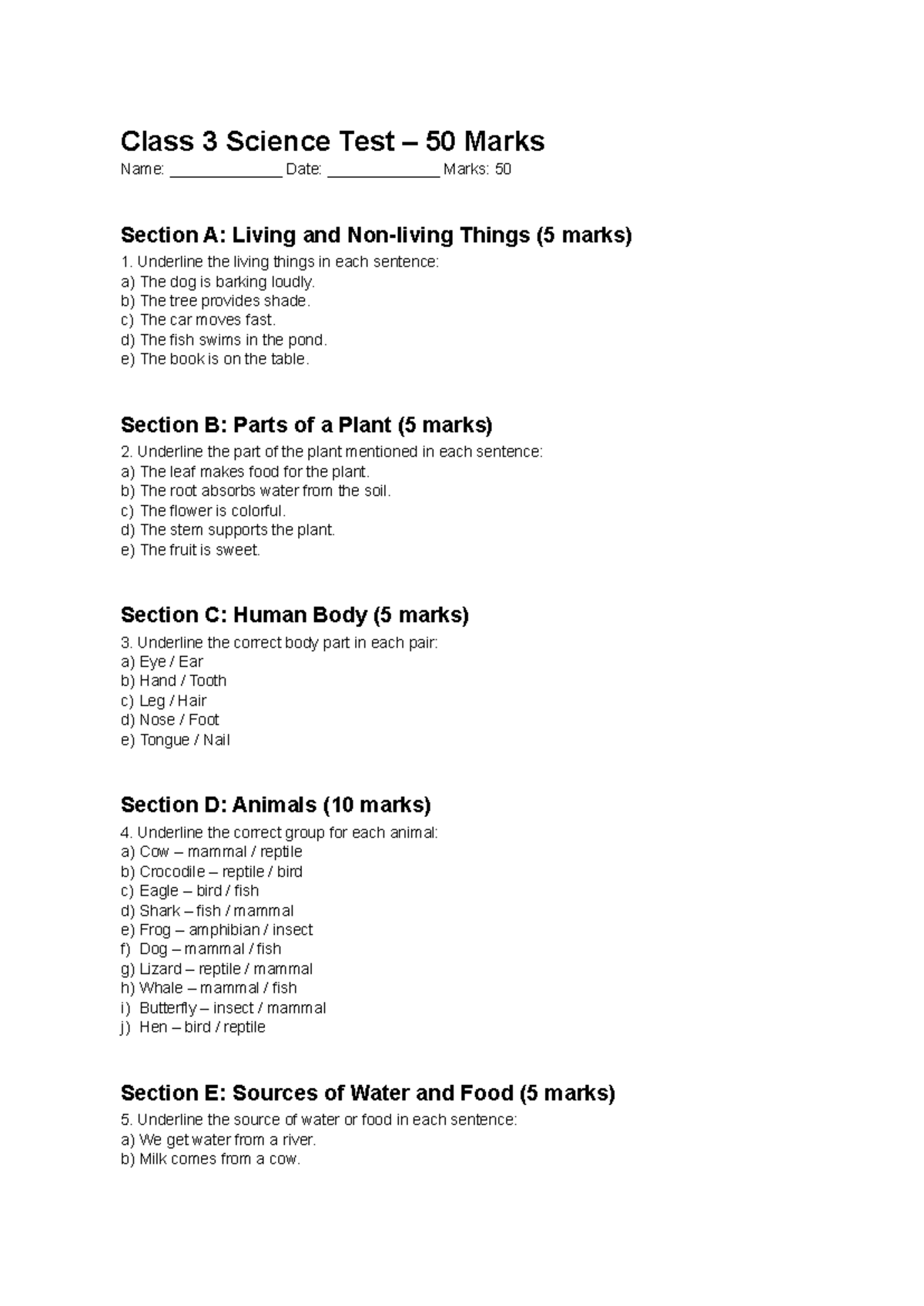Class 3 Science Test (50 Marks) & Marking Scheme - Studocu