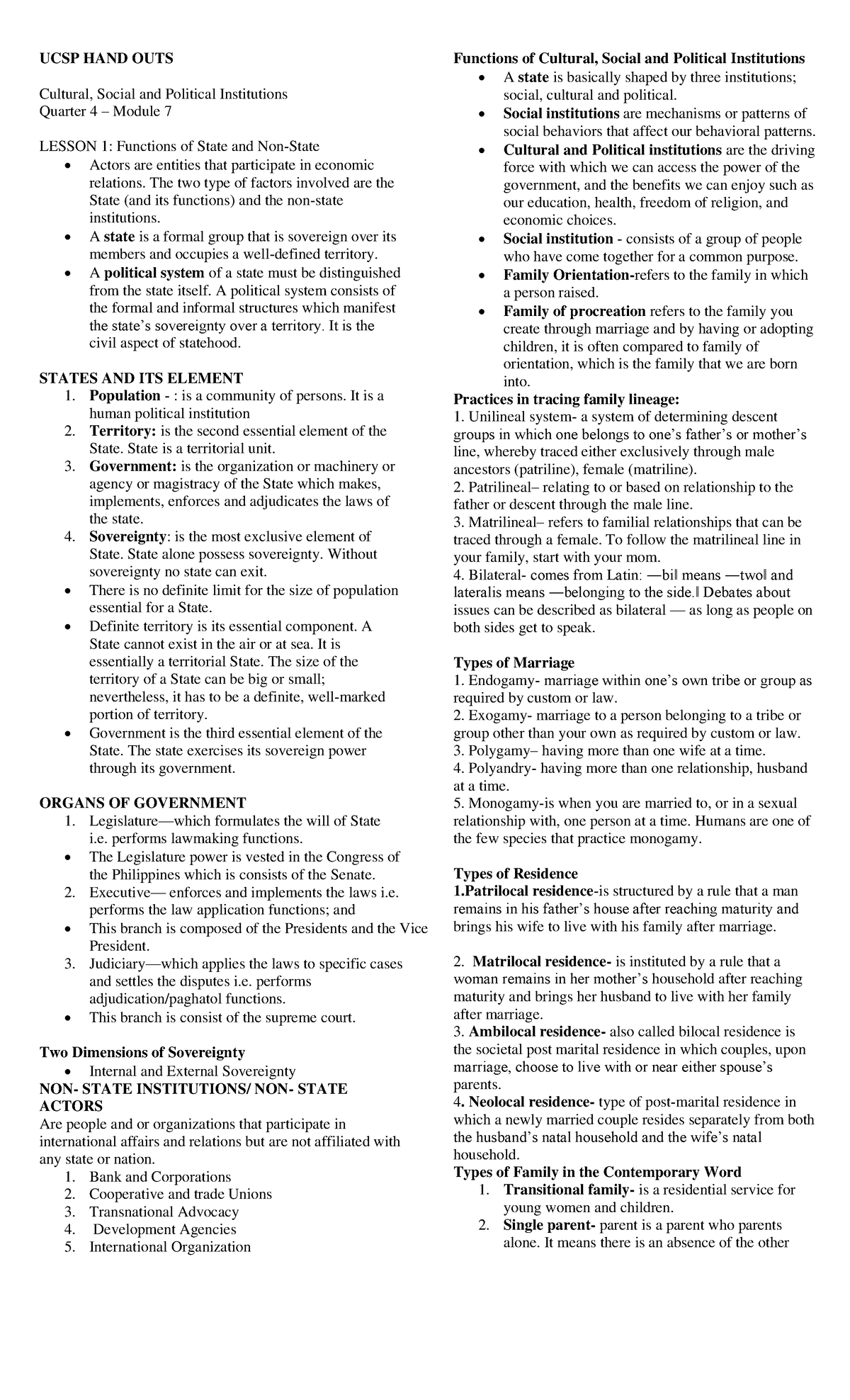 UCSP-Quarter 4 Module 7: Functions of State & Social Institutions - Studocu