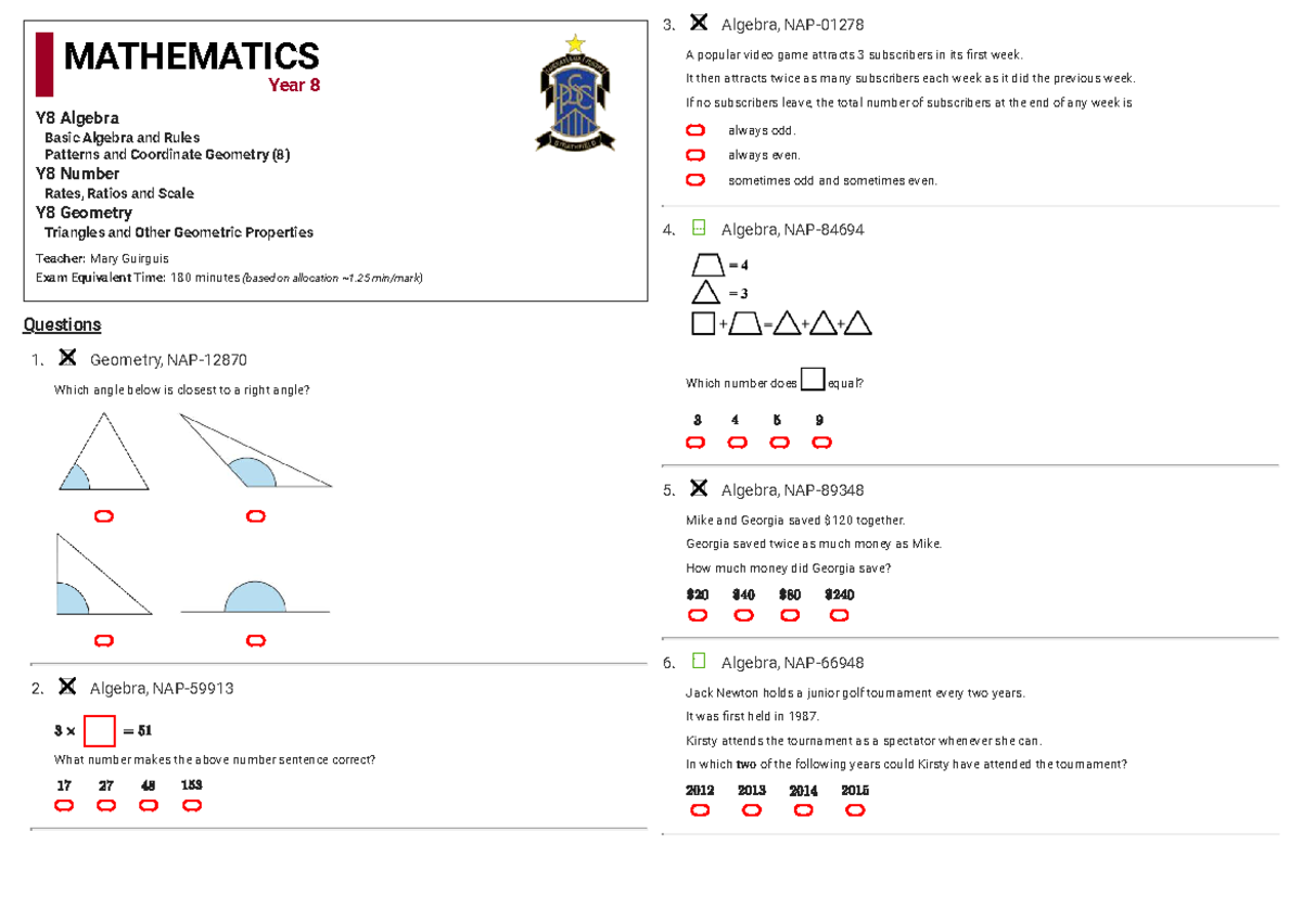 Y8 Mathematics Holiday Homework: Geometry, Algebra, and Number Concepts ...