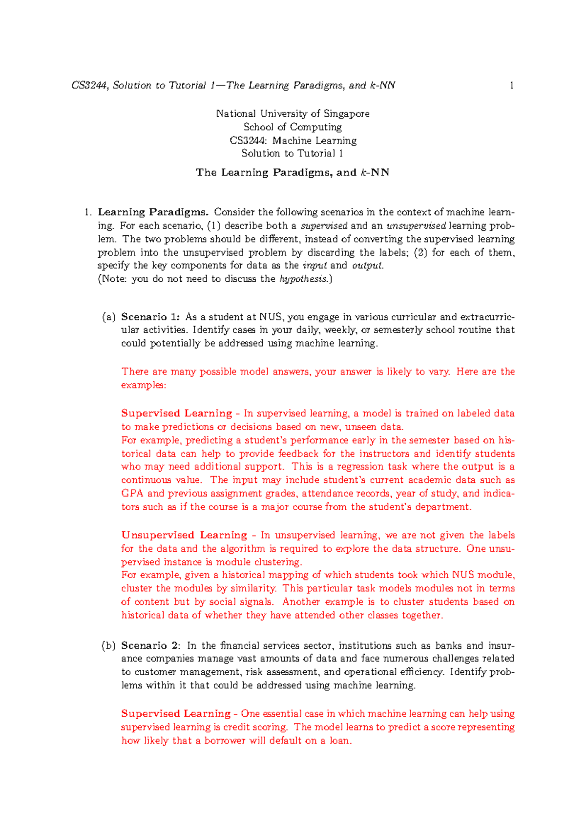 CS3244 Final Exam Solutions: Learning Paradigms and Decision Trees - Studocu