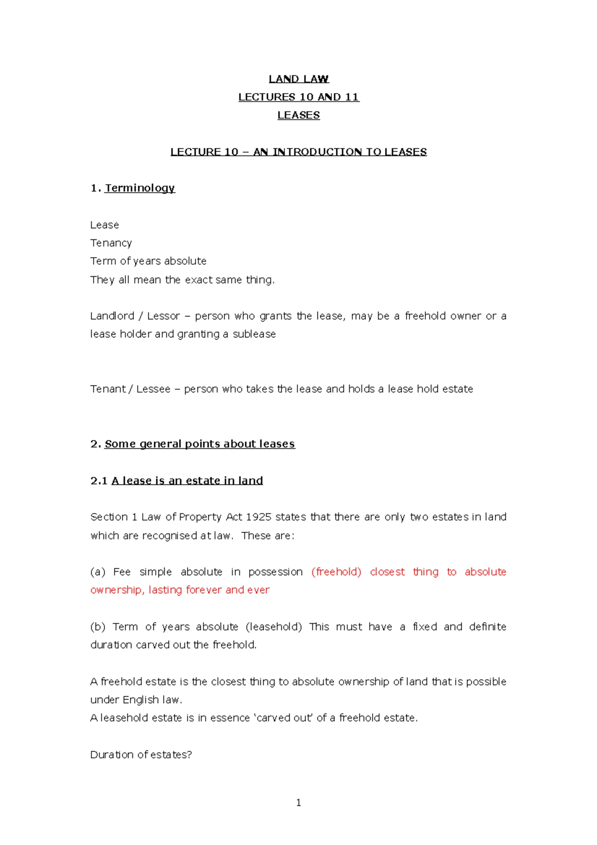 Lecture 3 - Legal Interests in Land - Land Law – Lecture 3: Legal ...