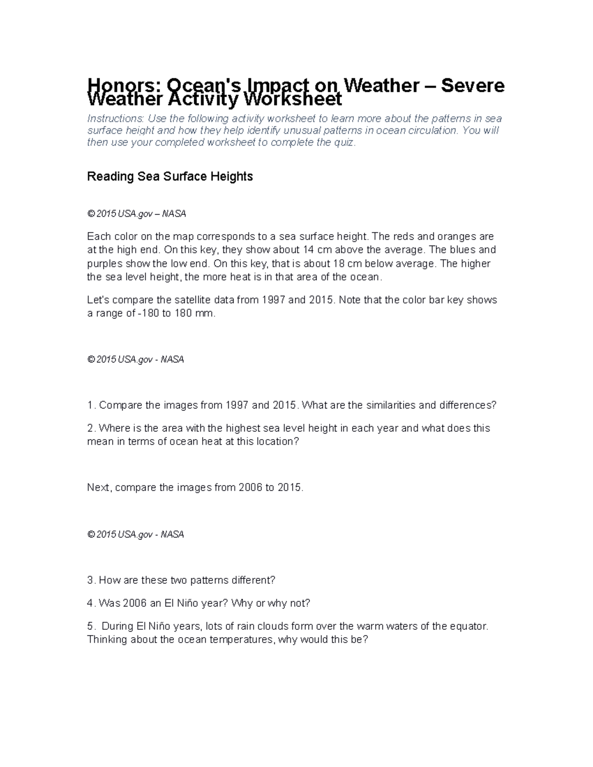 Severe weather activity worksheet - Honors: Ocean's Impact on Weather ...