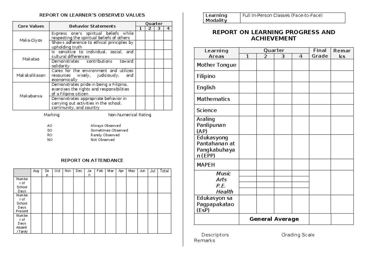 SF9 BACK - Learner's Report Card and Values Assessment - Studocu