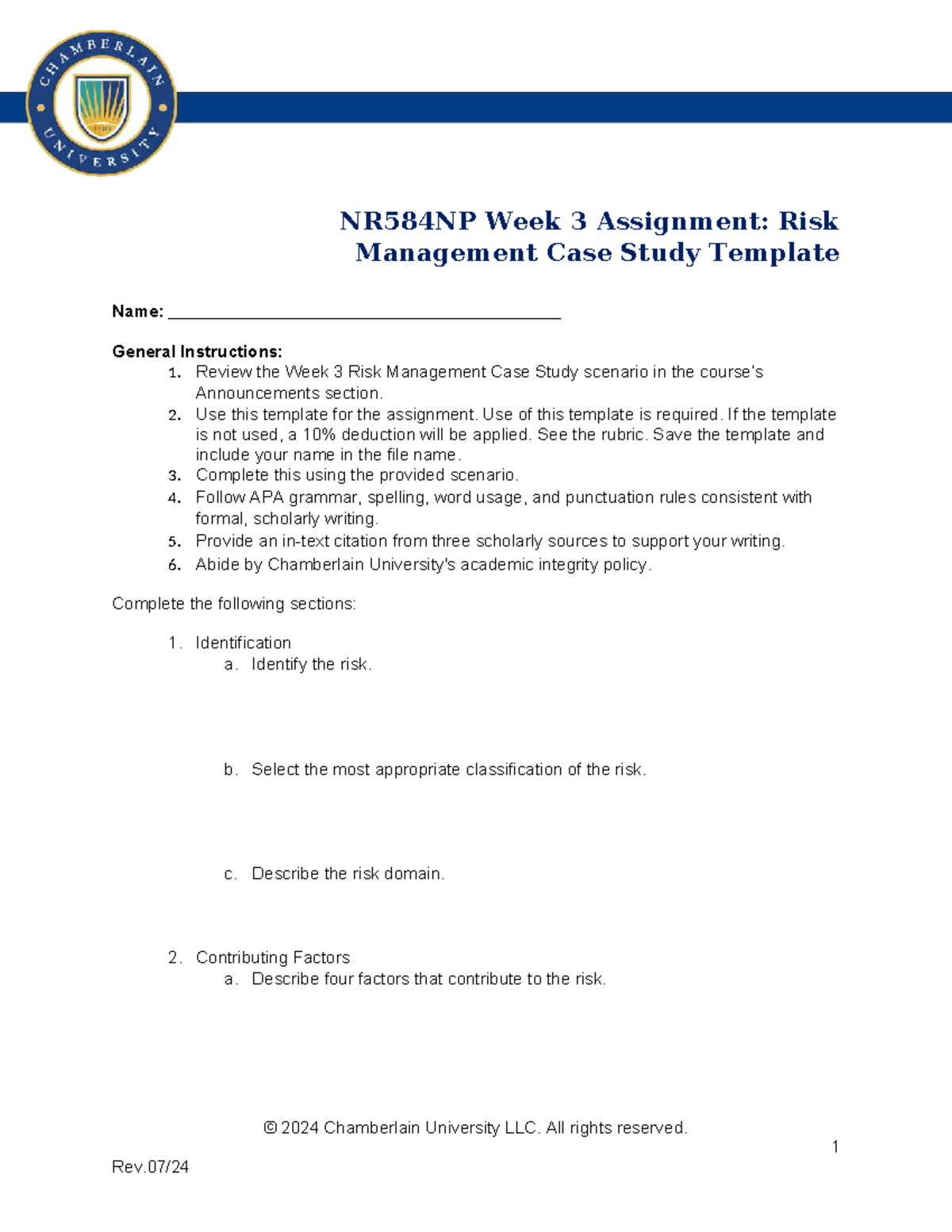 NR584NP Week 3 Risk Management Case Study Assignment Template - Studocu