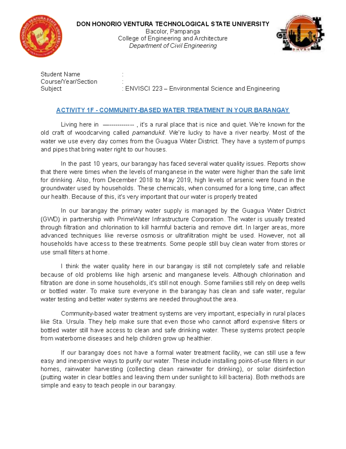 ENVISCI 223 Activity 1F: Water Treatment Issues in Barangay Sta. Ursula ...