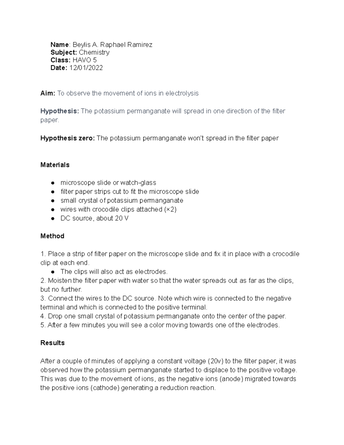 Movement of ions in electrolysis - Name: Beylis A. Raphael Ramirez ...