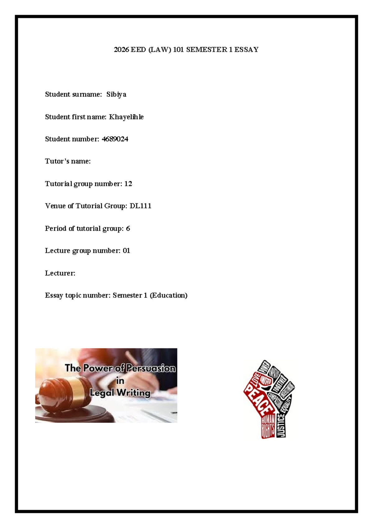 2026 EED (LAW) 101 SEMESTER 1 ARGUMENTATIVE ESSAY by Khayelihle Sibiya ...