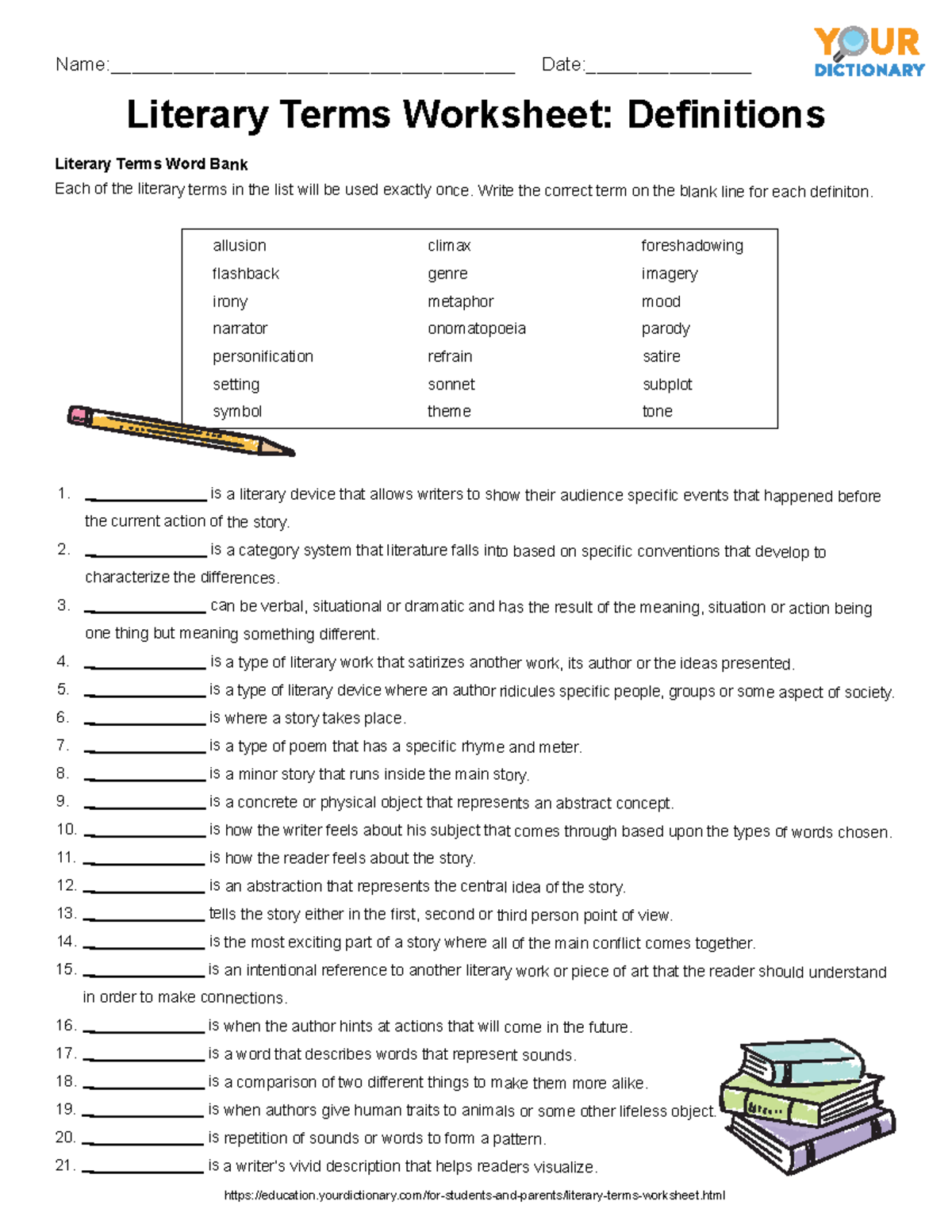 Literary Terms Definitions Worksheet: Key Concepts and Terms - Studocu