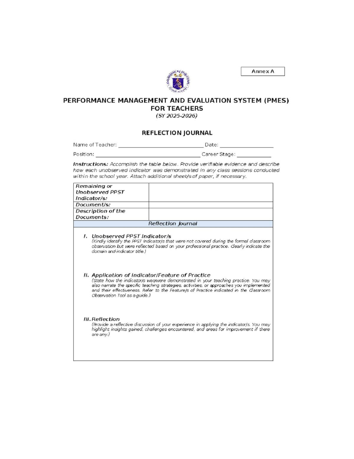 NG Annex A PMES Reflection Journal for Teachers (SY) - Studocu