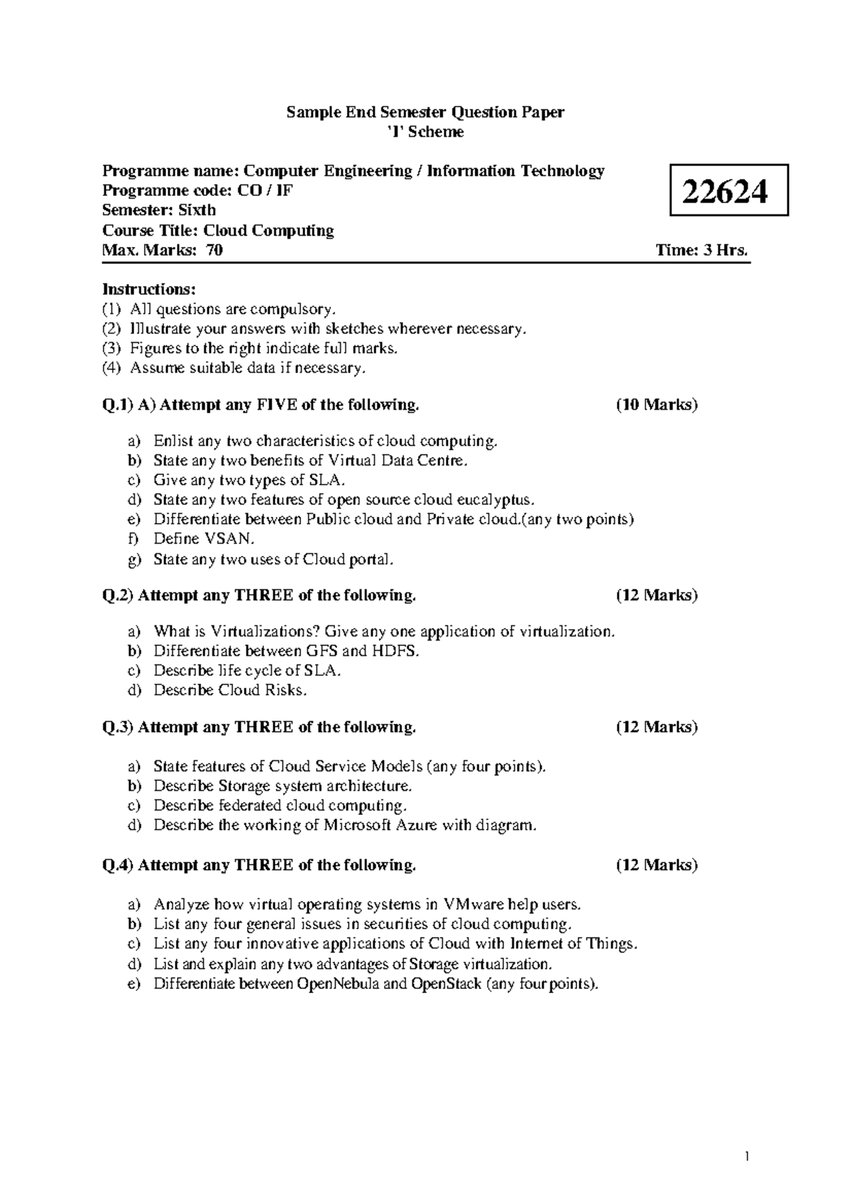Cloud Computing Sample End Semester Question Paper - CO IF 22624 - Studocu