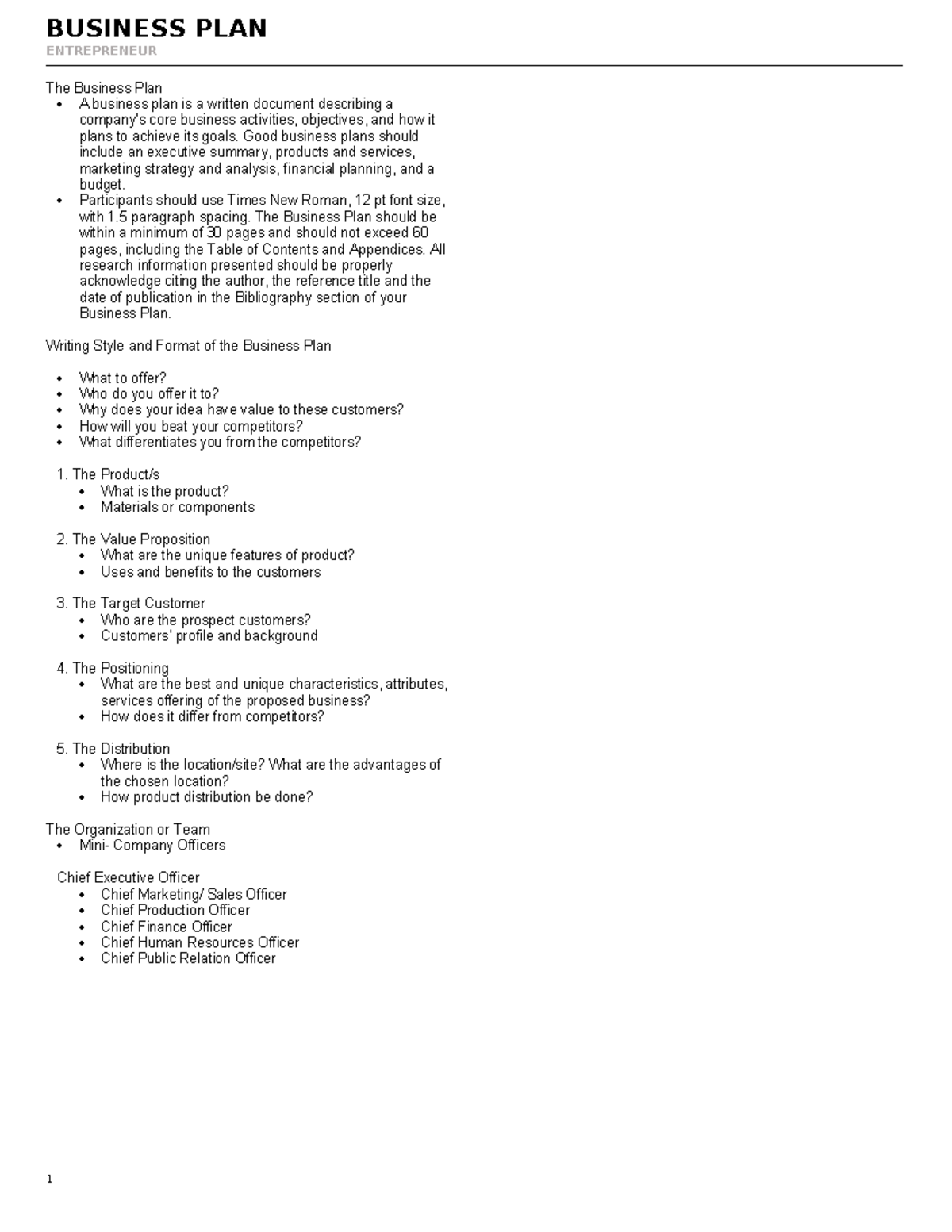 Business Plan Guide for Entrepreneurs: Key Elements and Structure - Studocu