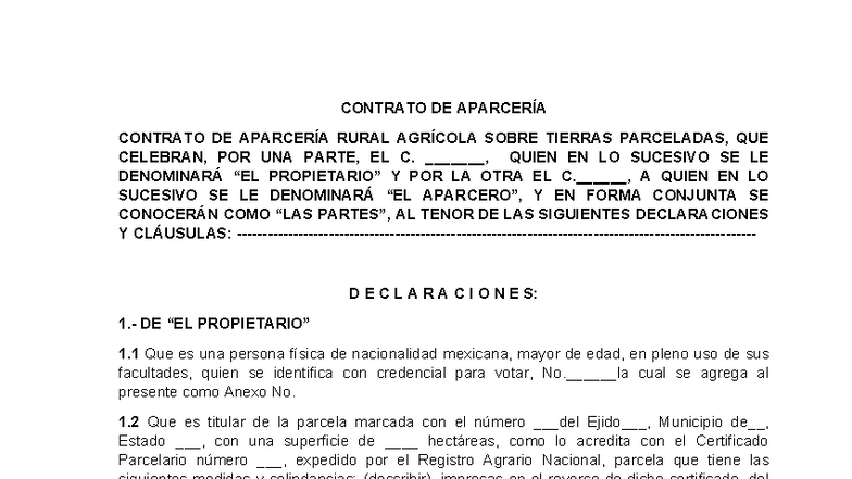 Modelo de Contrato de Aparcería Rural Agrícola - Curso Agrario 101 ...