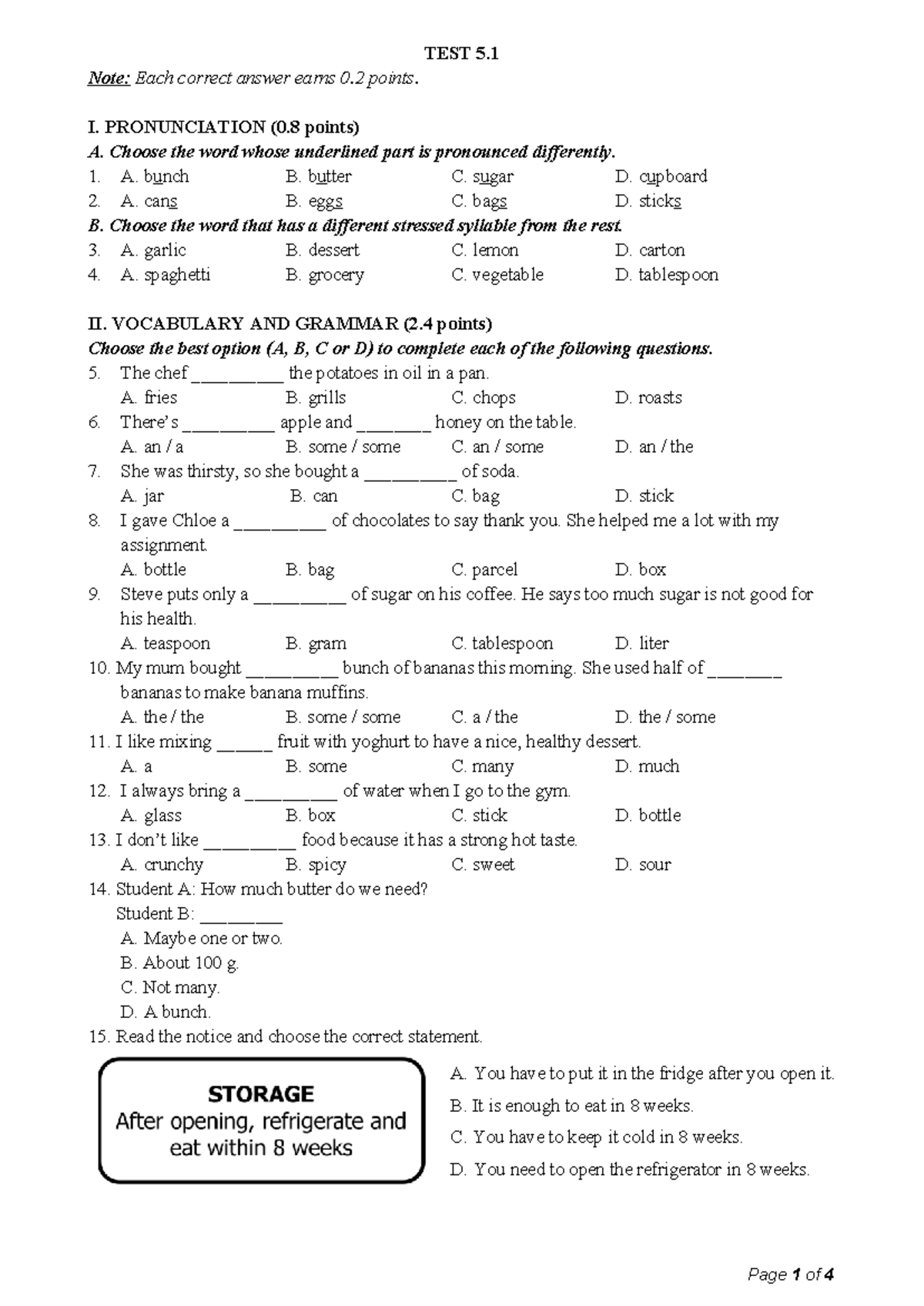 Tiếng Anh 7 ISW - Unit 5 Test: Pronunciation, Vocabulary & Reading ...